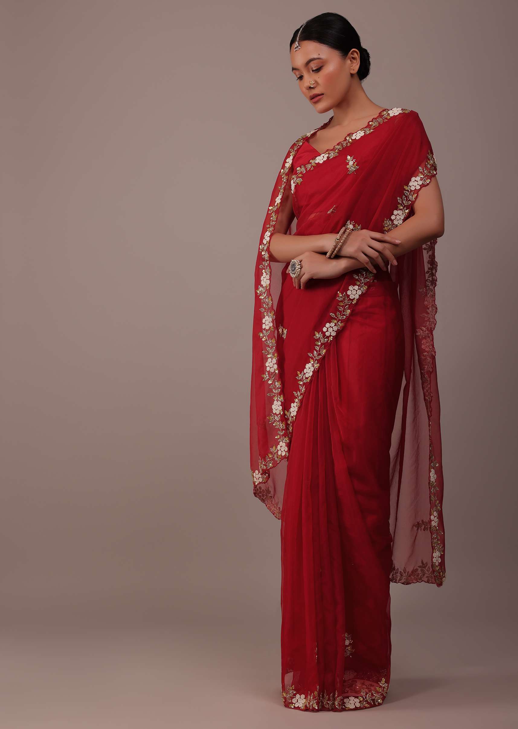 Buy Cherry Red Saree In Organza With Cut Dana And Moti Embroidery | KALKI FASHION UK