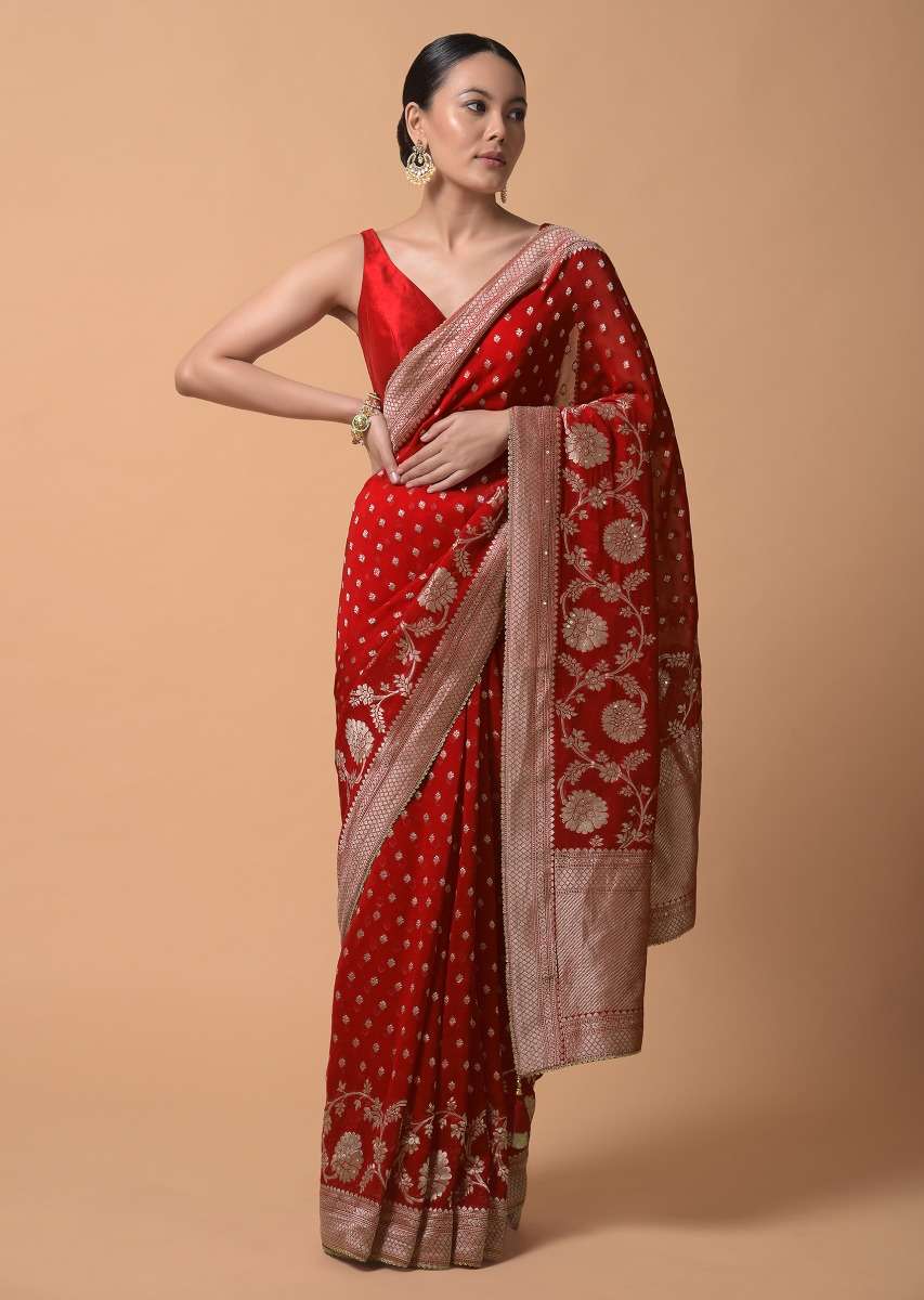 Buy Fiery Red Saree In Georgette With Brocade Buttis And Floral Border Online - Kalki Fashion