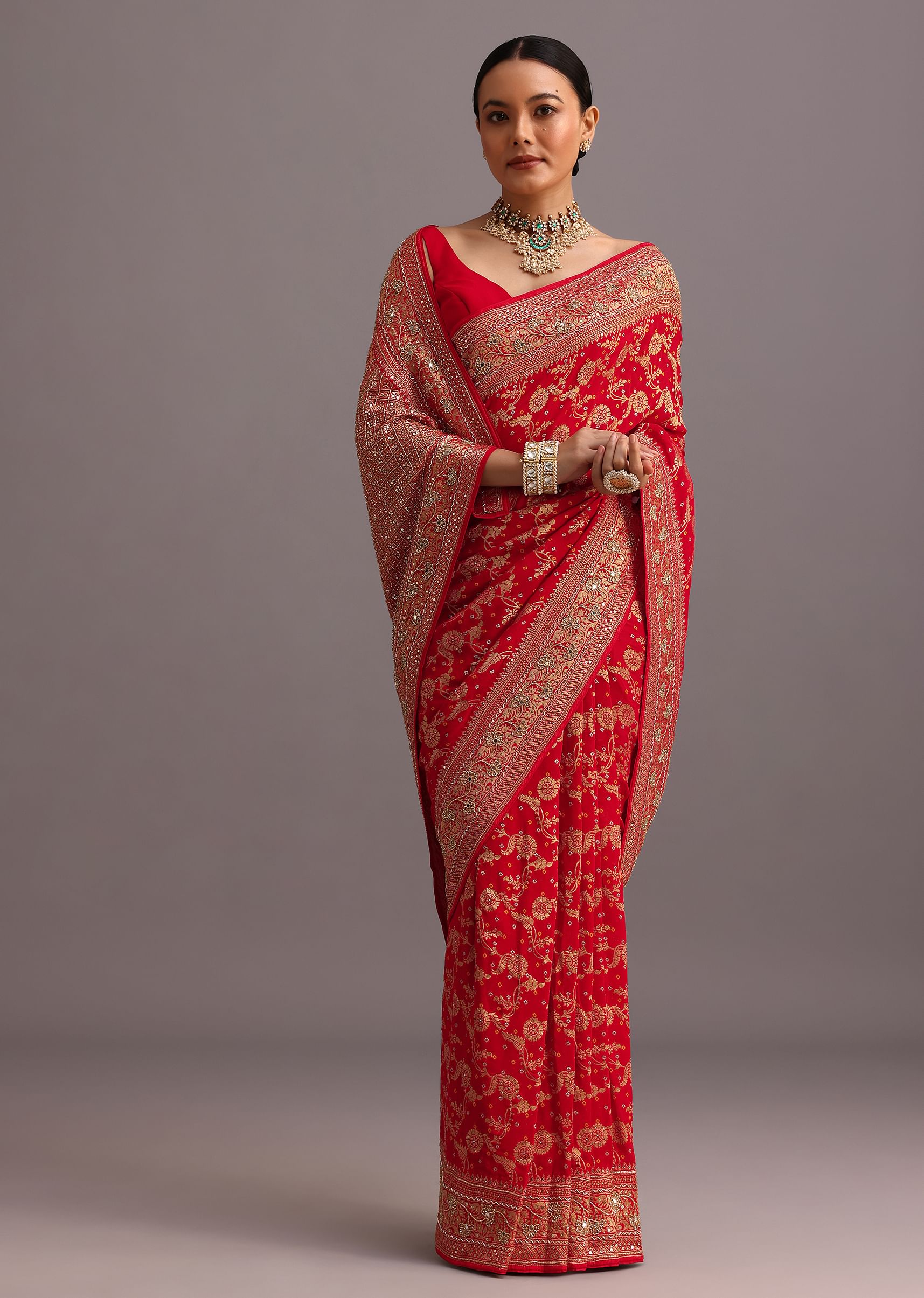 Red Georgette Woven Saree With Bandhani Jaal Work | KALKI FASHION UK