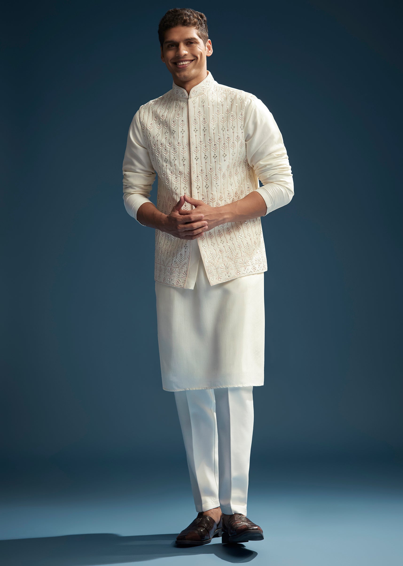 Buy Off White Silk Kurta Jacket Set For Men With Mirror Embroidery ...