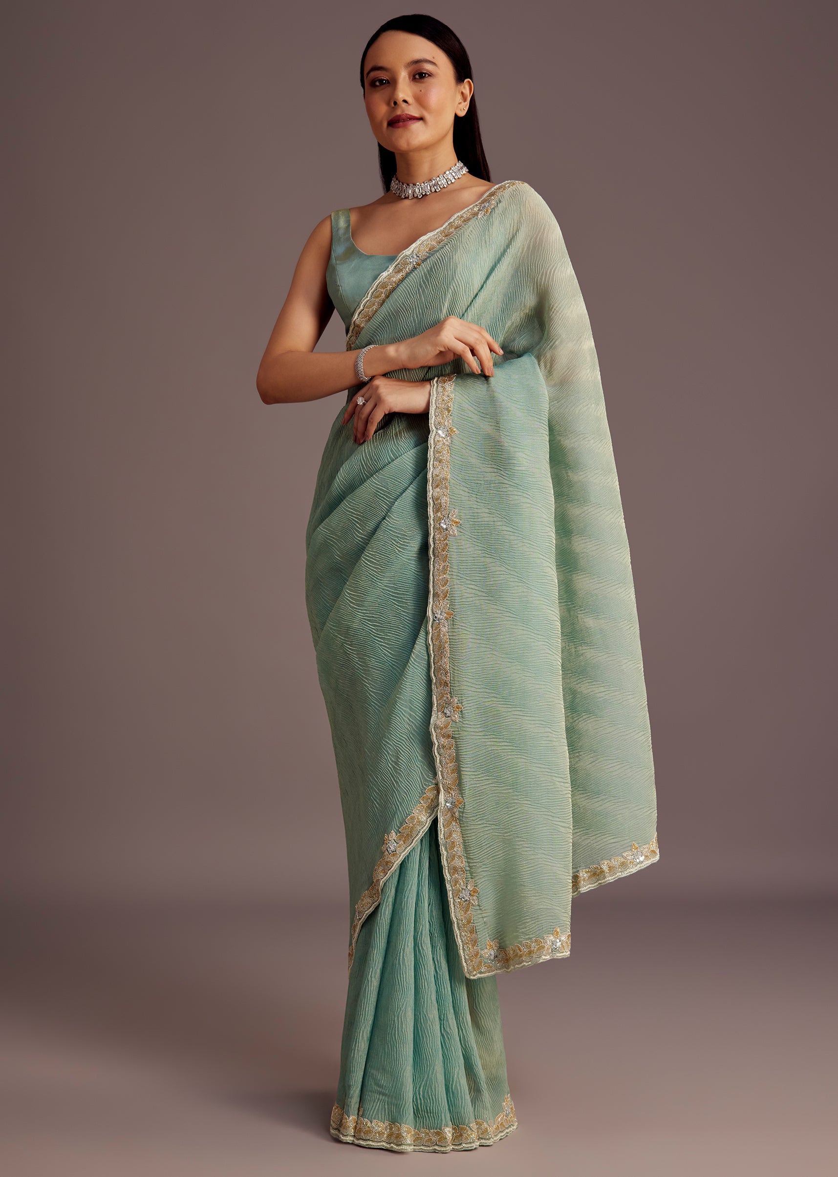 Turquoise Blue Crush Tissue Cutdana Work Saree With Embroidered Border ...
