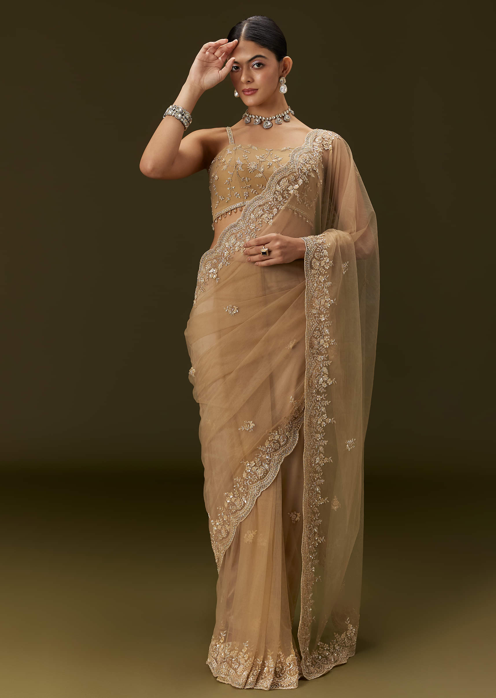 Buy Beige Net Saree With All Over Heavy Embroidery | KALKI FASHION UK