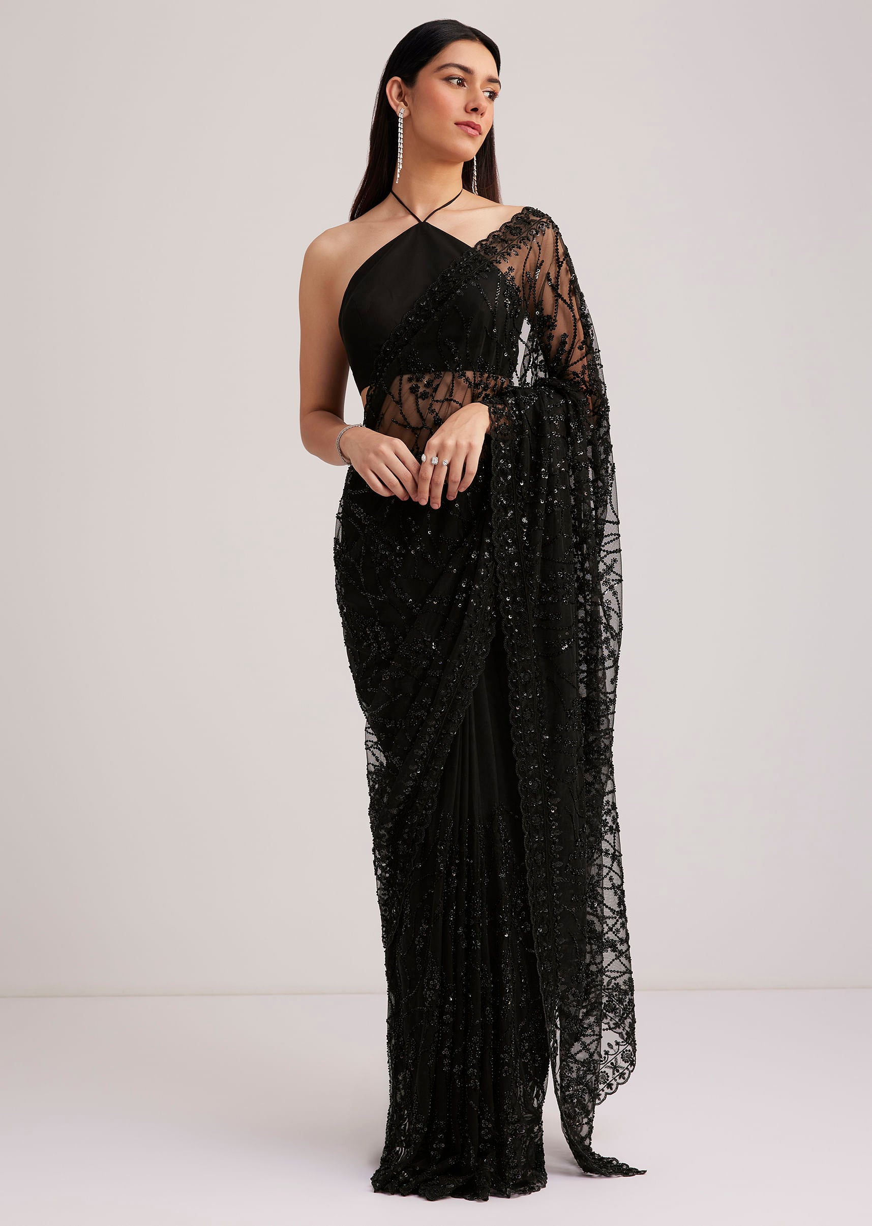 Black Net Saree Heavy Embroidered With Sequins And Stones | KALKI ...