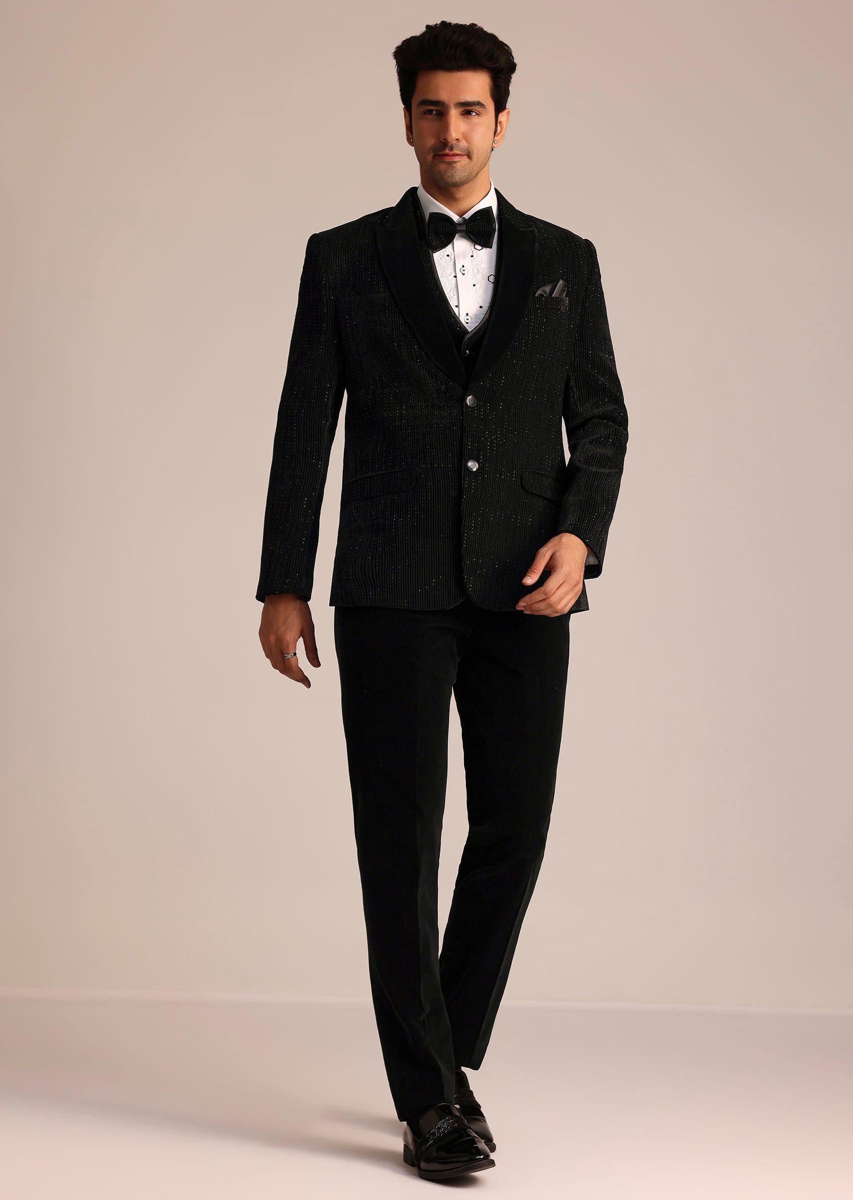 Black Tuxedo Suit With Classic Bow Tie | KALKI FASHION UK