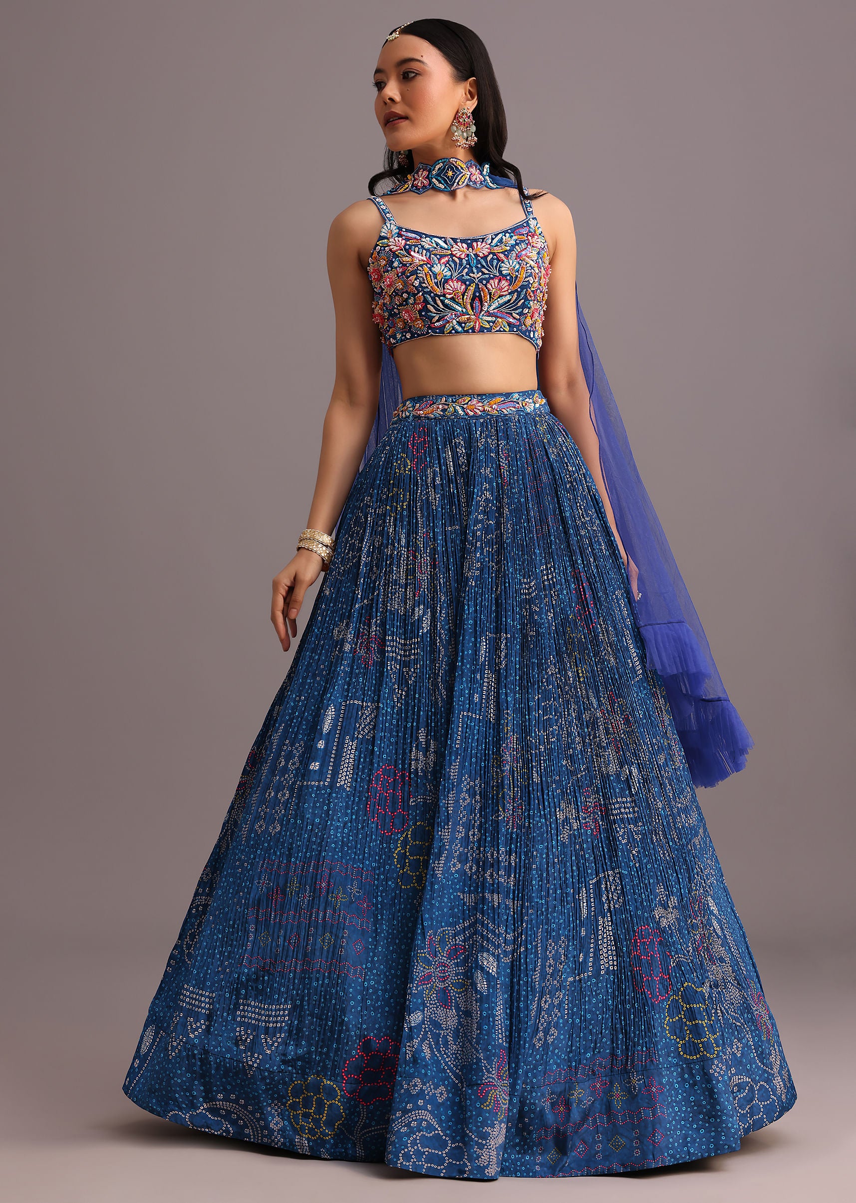 Blue Hand Embroidered Choli With Bandhani Print Lehenga And Choker Net