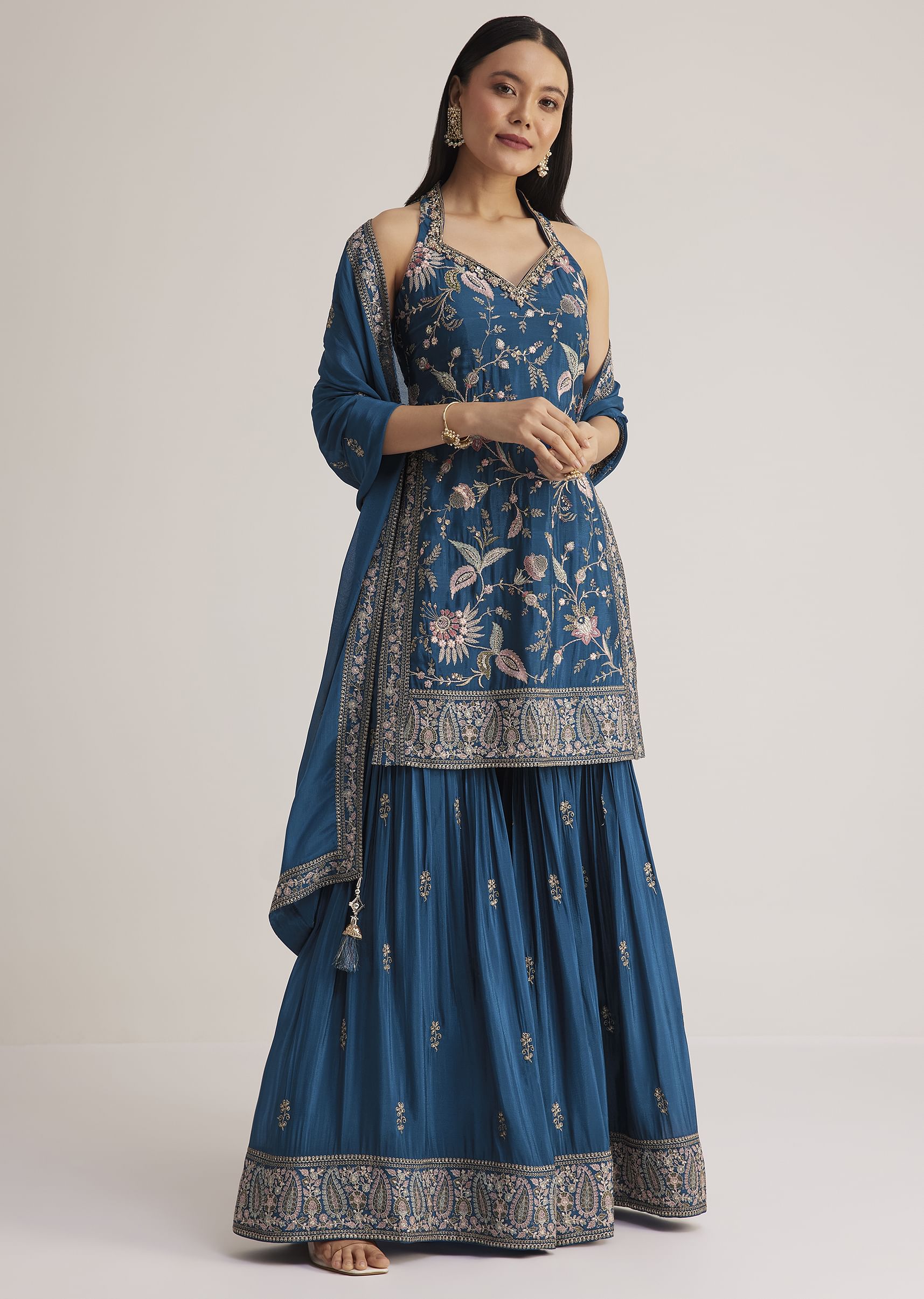 Blue Thread Work Sharara Suit With Dupatta | KALKI FASHION UK