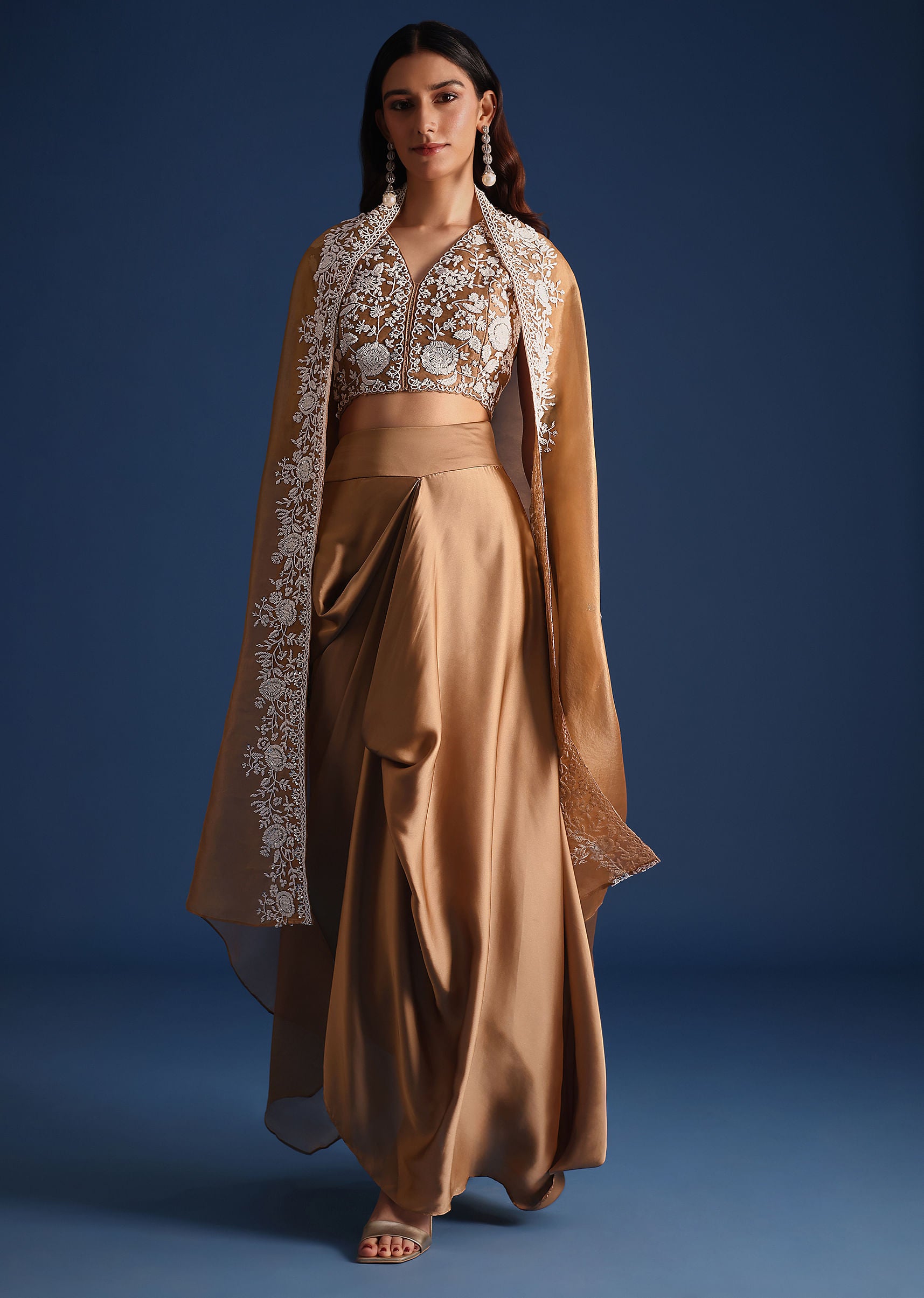 Brown Moti Work Jacket With Skirt And Crop Top | KALKI FASHION UK