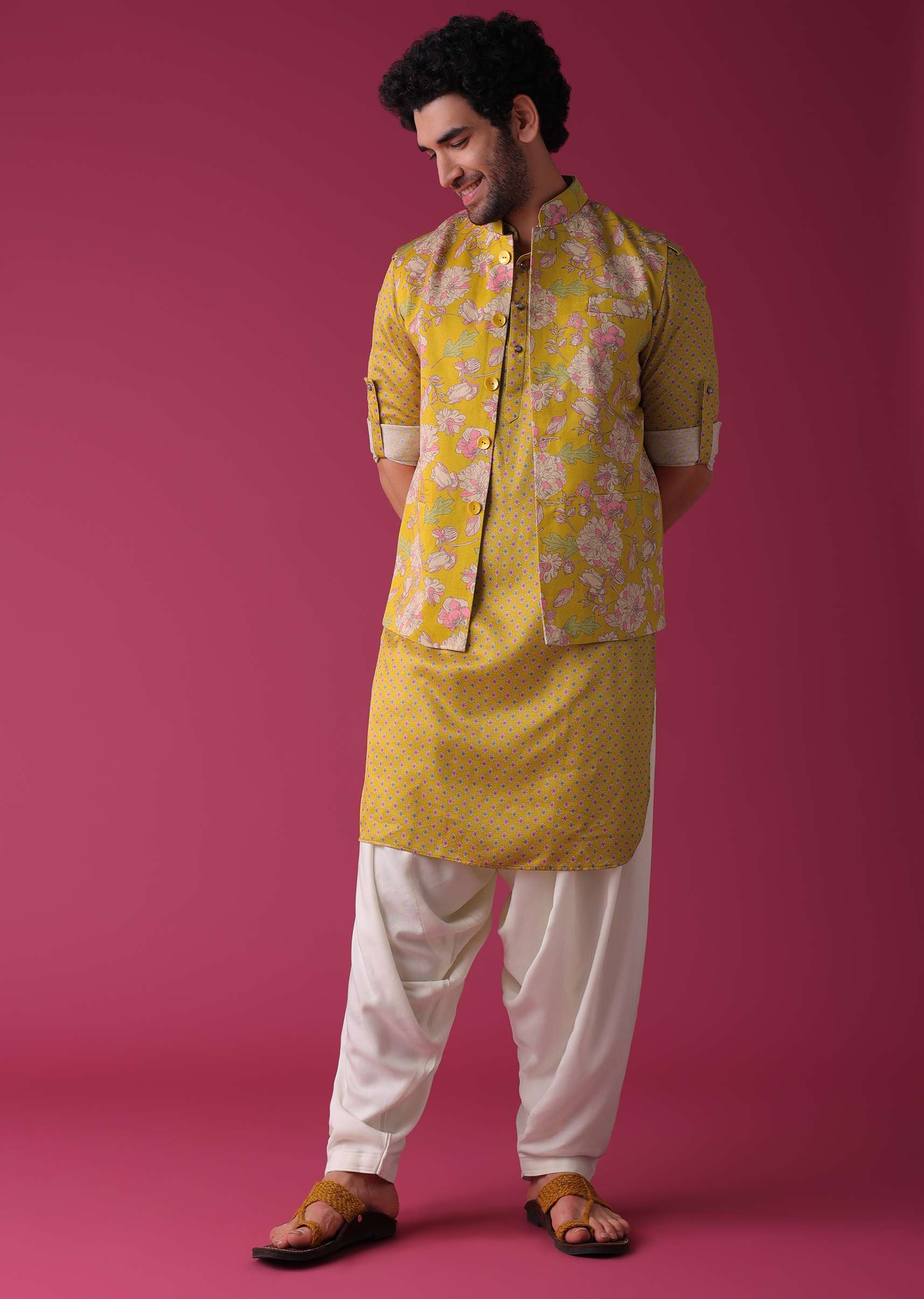 Buy Chrome Yellow Jacket Kurta Set In Linen With Floral Pattern | KALKI ...