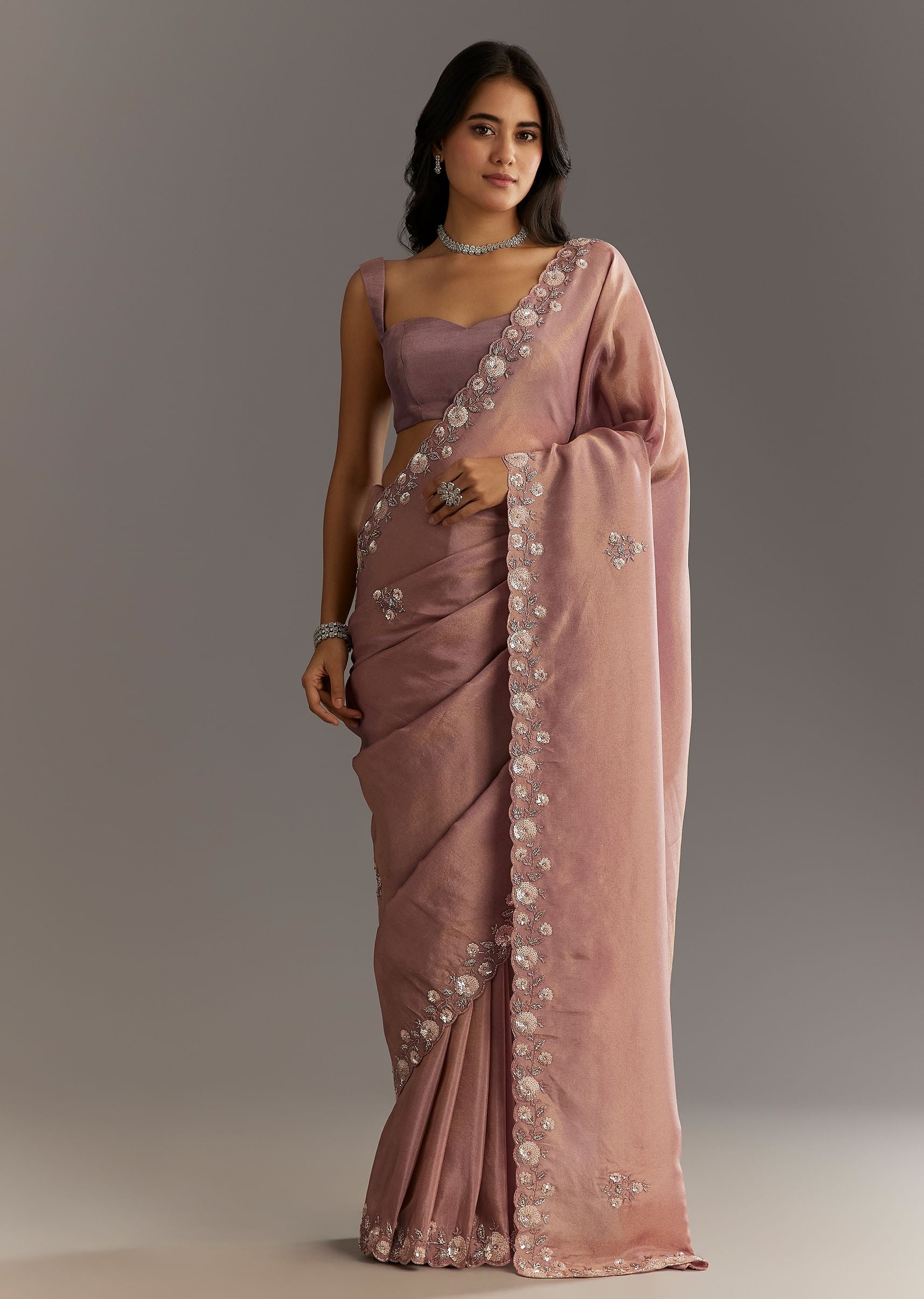 Buy Dusty Rose Tissue Saree With Floral Embroidered Scallop Border ...