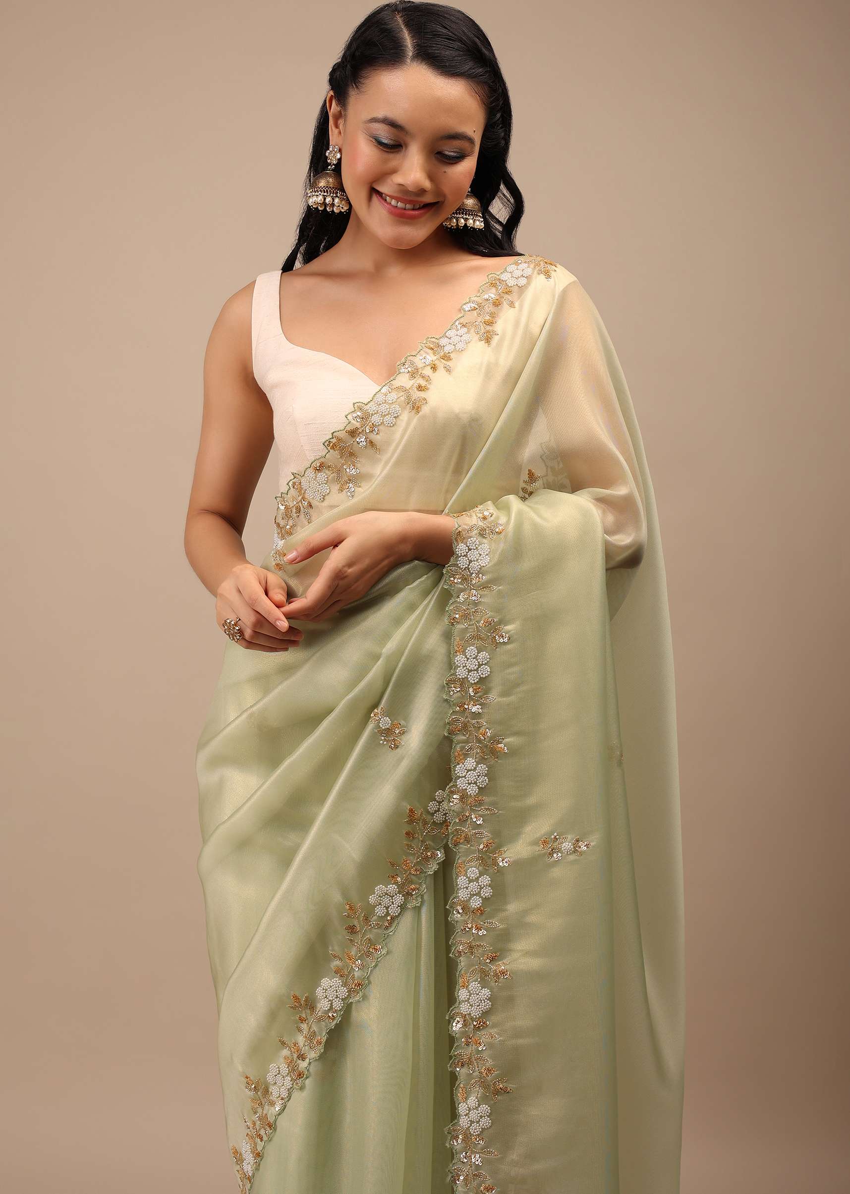 White Moti and Cut Dana Embroidery Foam Green Tissue Saree | KALKI ...