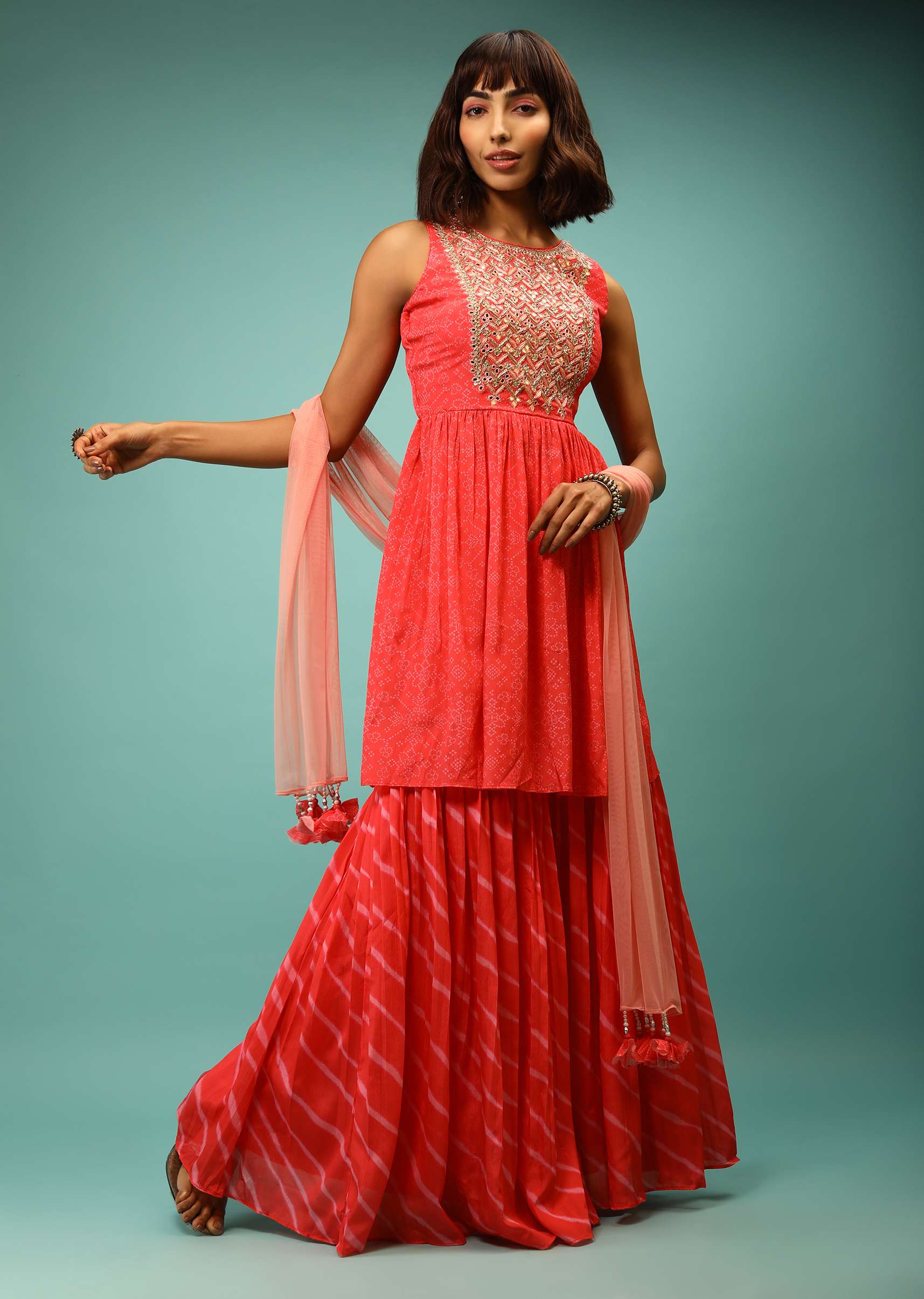 Buy Fuchsia Peplum Sharara Suit With Bandhani And Lehariya Print And ...