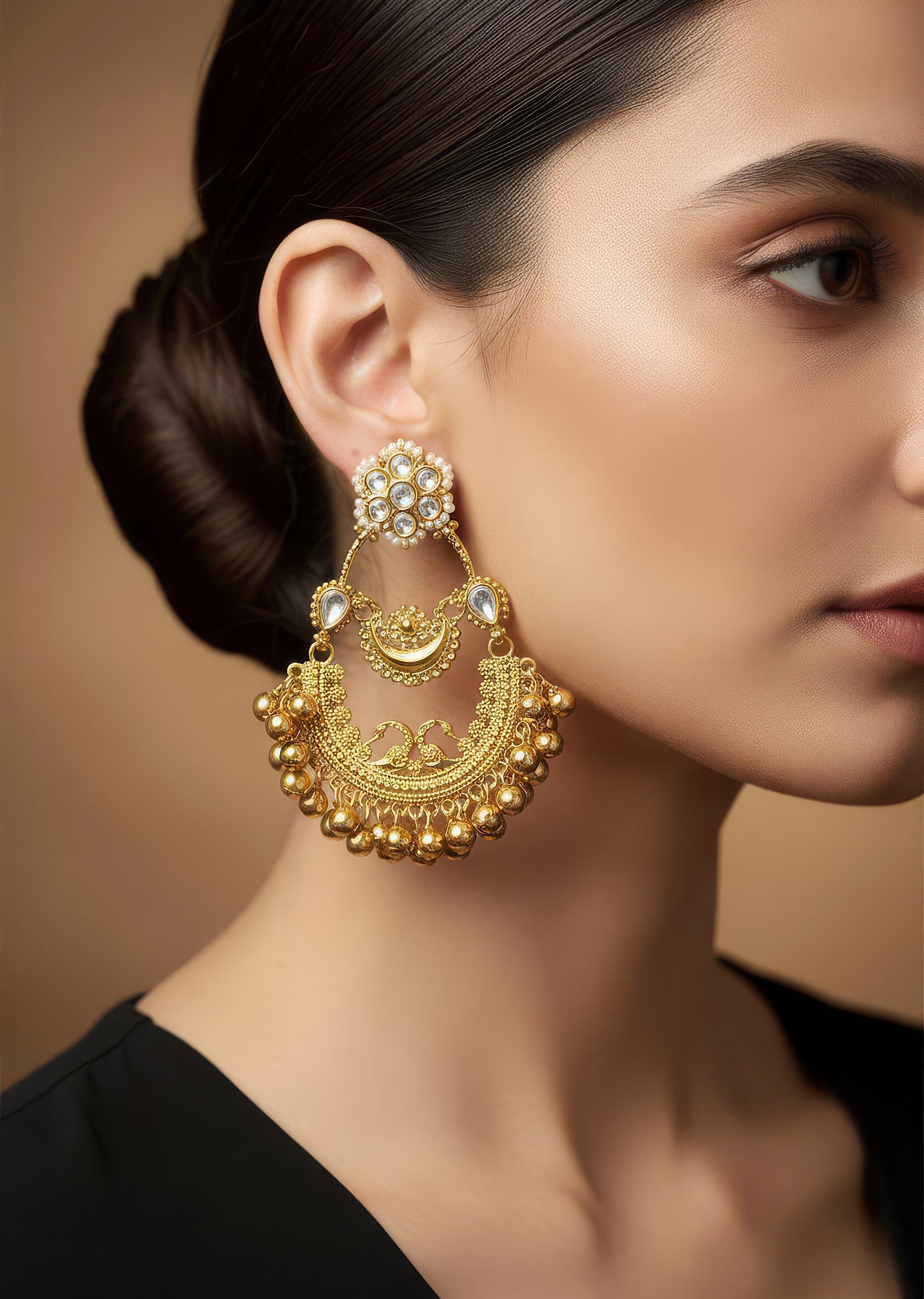 Buy Gold Finish Ornate Chandbali Earrings With Peacock Filigree Detail ...