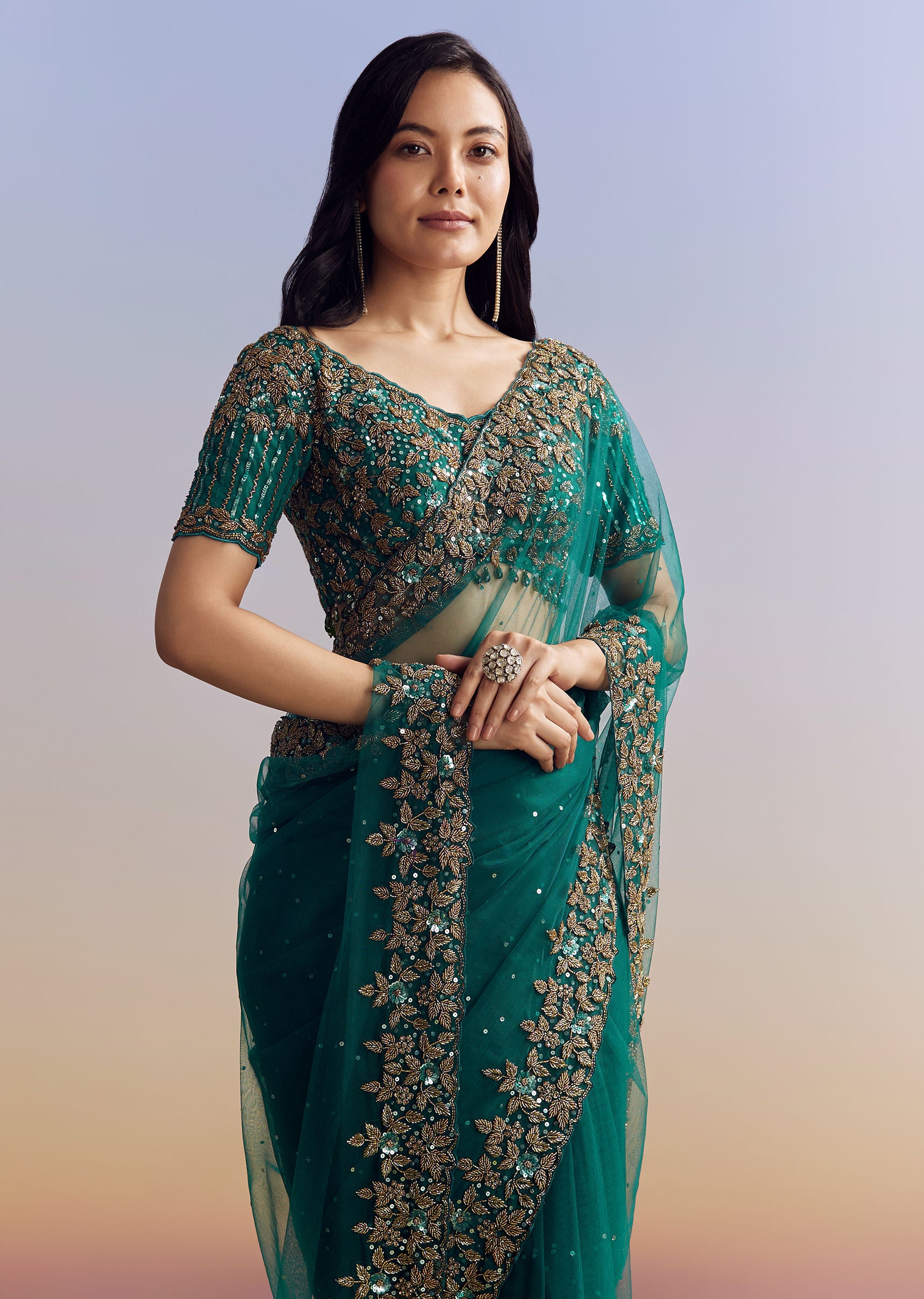 Buy Green Net Saree Featuring Heavy Embroidered Border | KALKI FASHION UK
