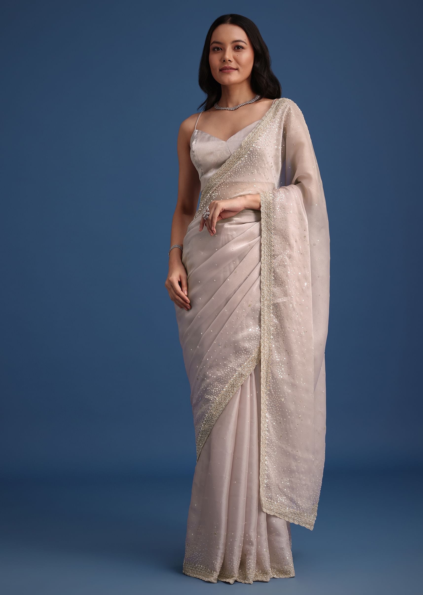 Grey Glass Tissue Silk Cutdana Work Saree With Embellished Scallop ...