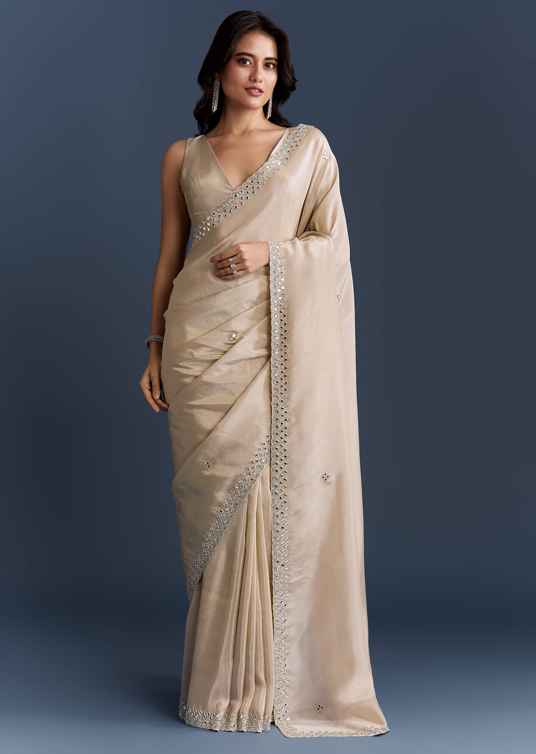 Buy Ivory Tissue Saree With Heavy Hand Embroidery | KALKI Fashion UK ...