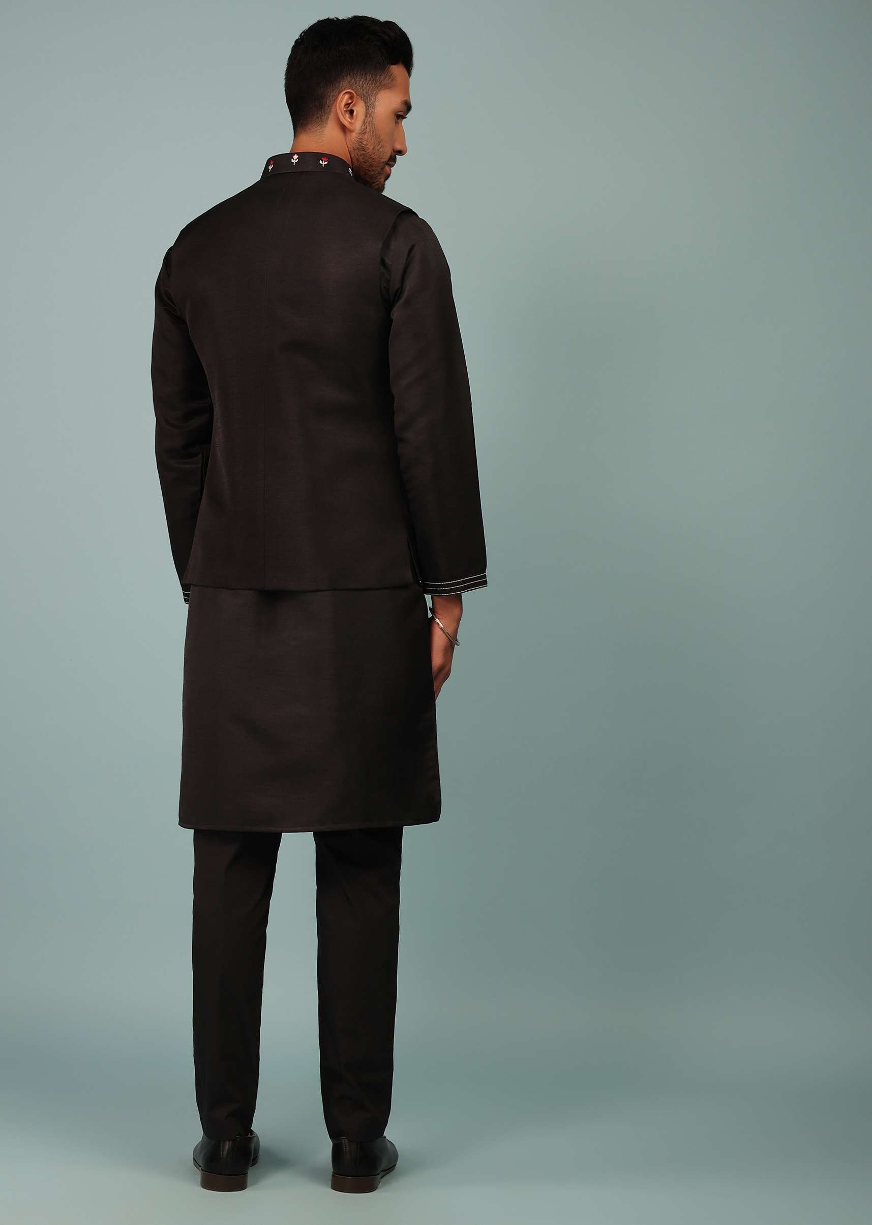 Buy Black Bandi Jacket Set In Raw Silk With Multicolor Floral Butti ...