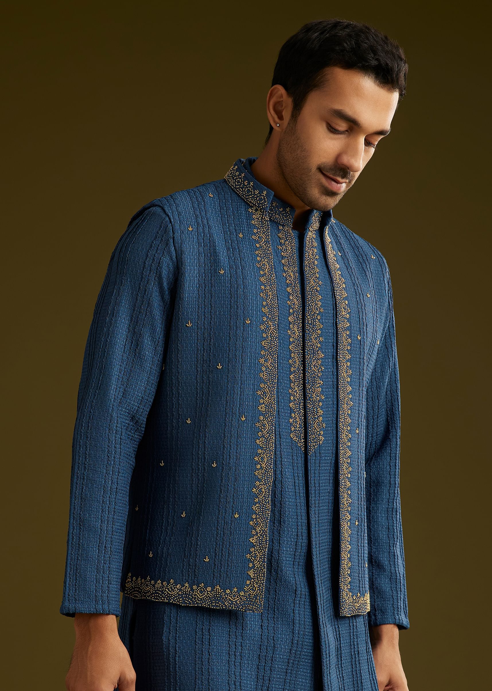 Buy Knit Kurta Jacket Set With Moti Work In Navy Blue | KALKI FASHION UK
