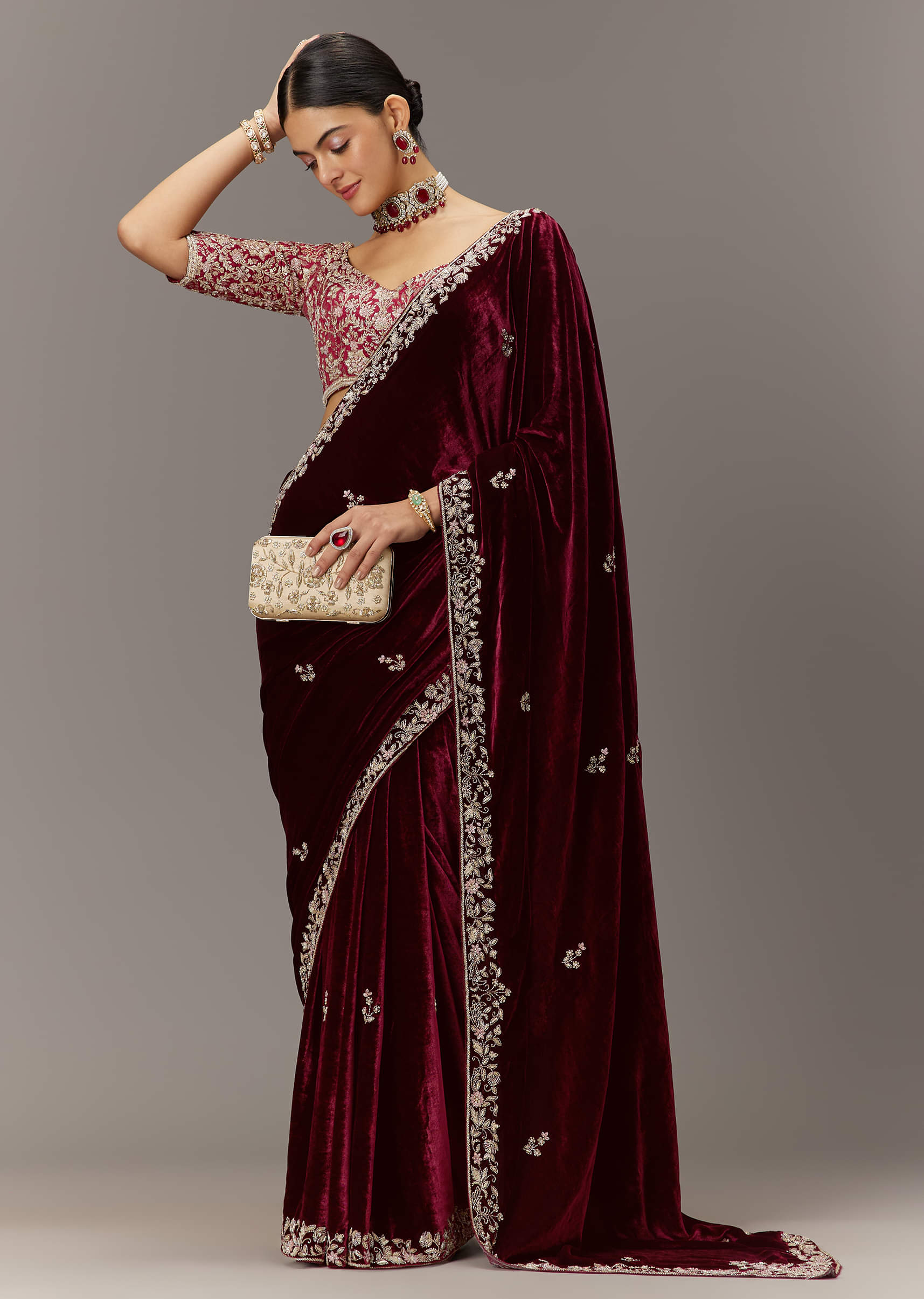 Buy Maroon Velvet Saree With Embroidered Blouse | KALKI Fashion UK ...