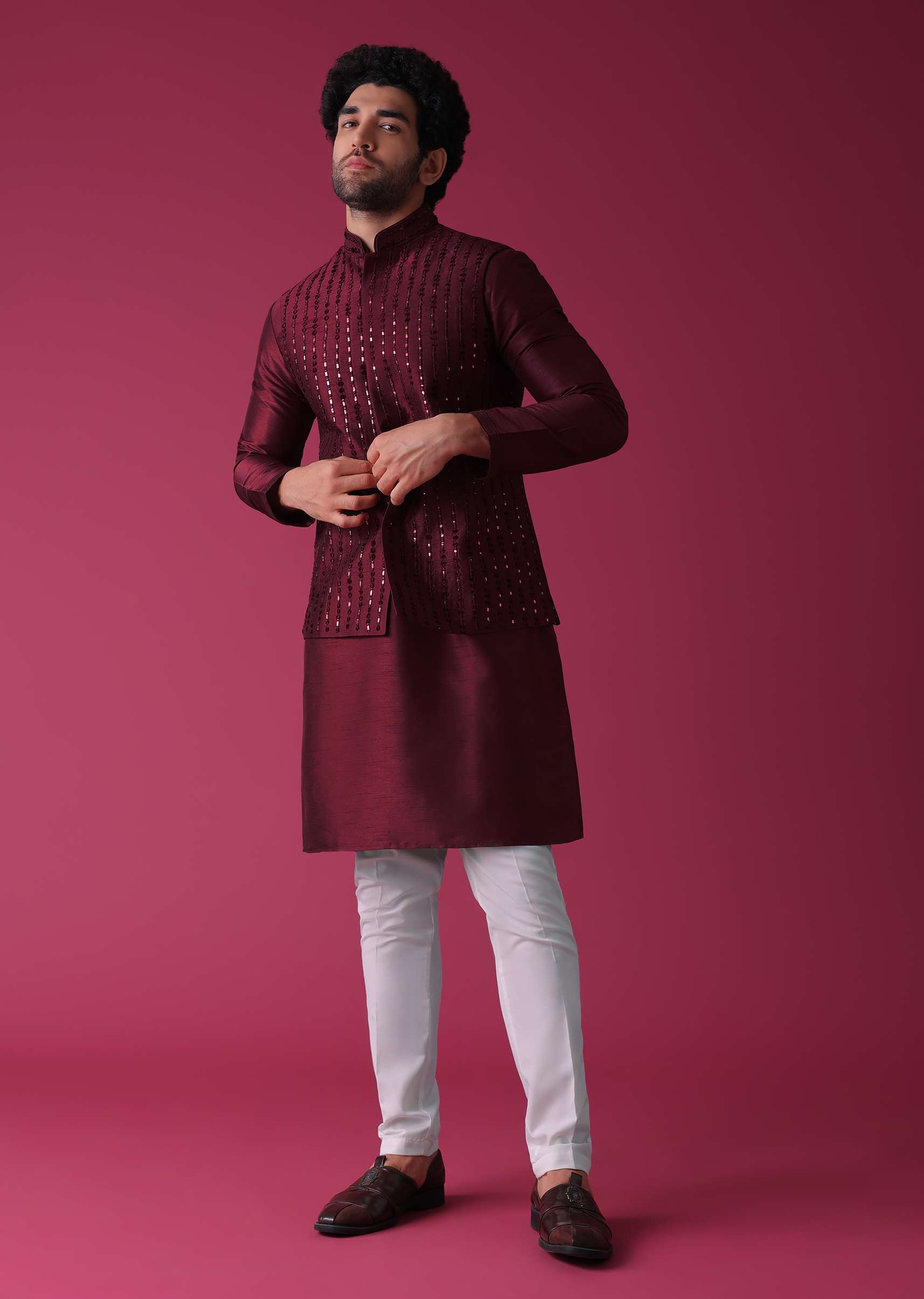 Buy Maroon Red Jacket Kurta Set In Silk With Threadwork | KALKI FASHION UK