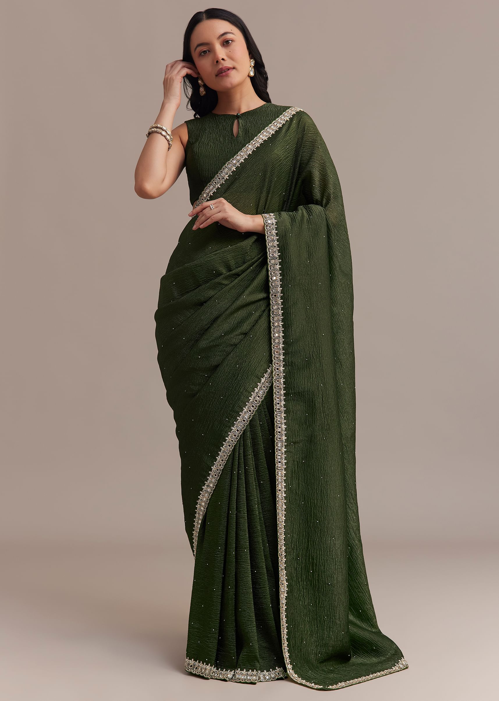 Mehendi Green Crushed Tissue Saree With Embellished Border | KALKI ...