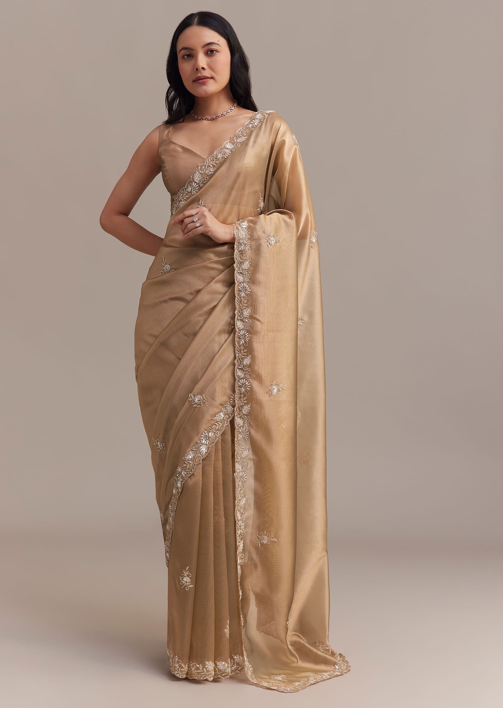 Metallic Gold Organza Tissue Saree With Cutdana And Bead Embroidery ...