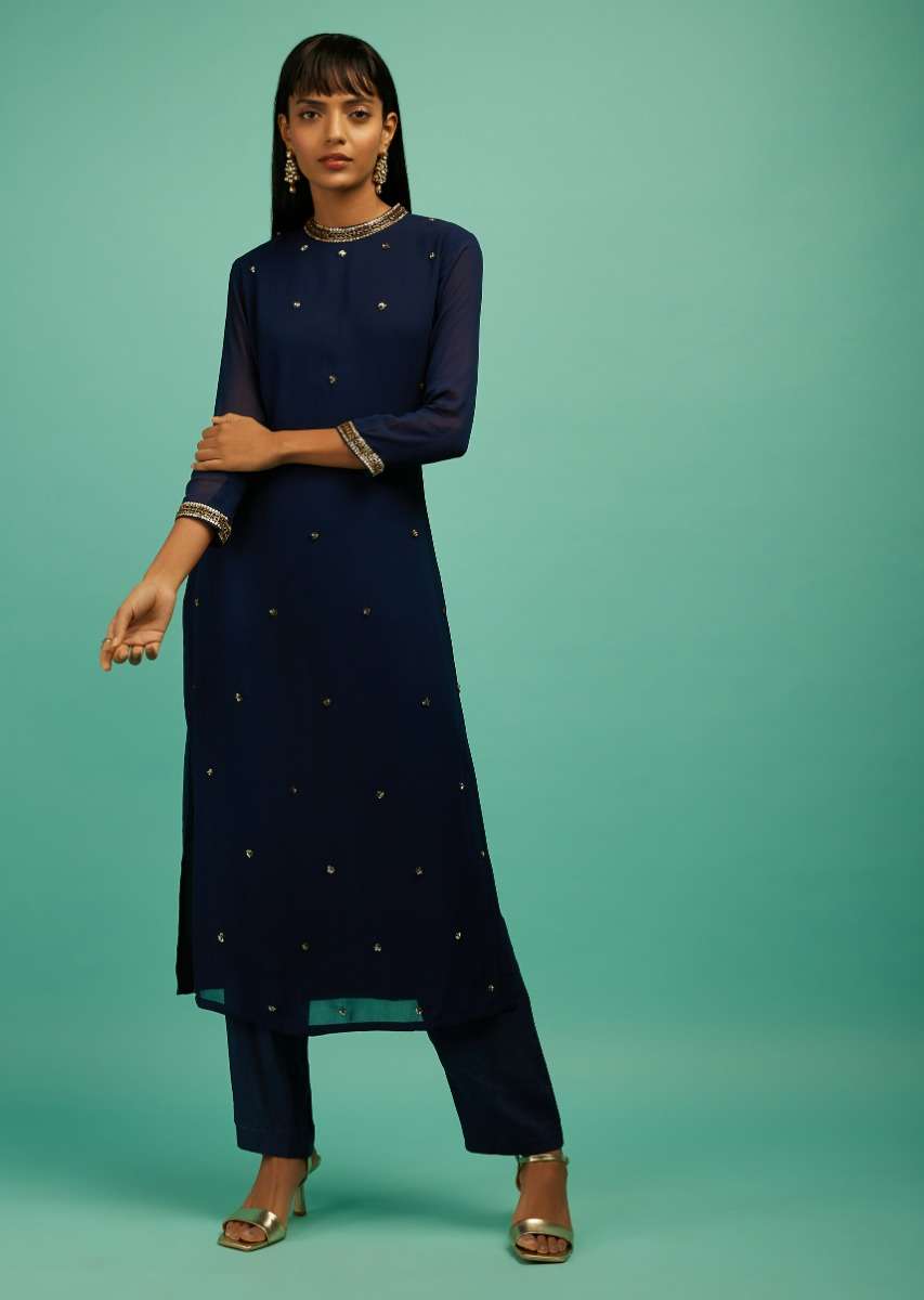 Buy Midnight Blue Georgette Straight Cut Suit with Embroidery | KALKI ...