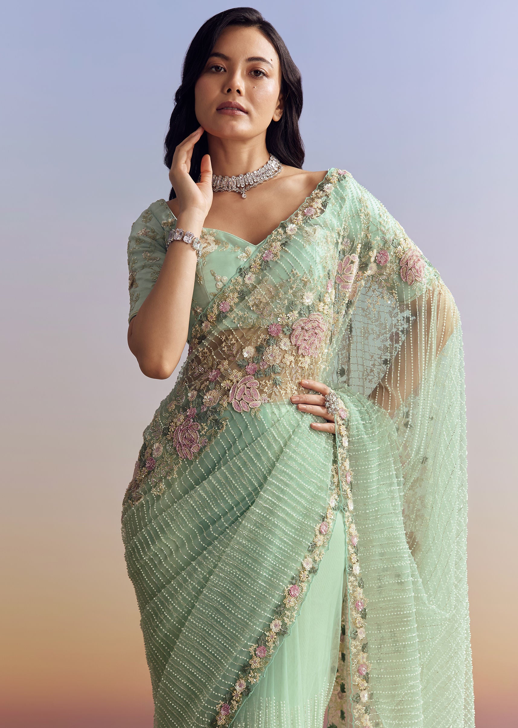 Buy Mint Green Net Saree With Heavily Embroidered Border | KALKI FASHION UK