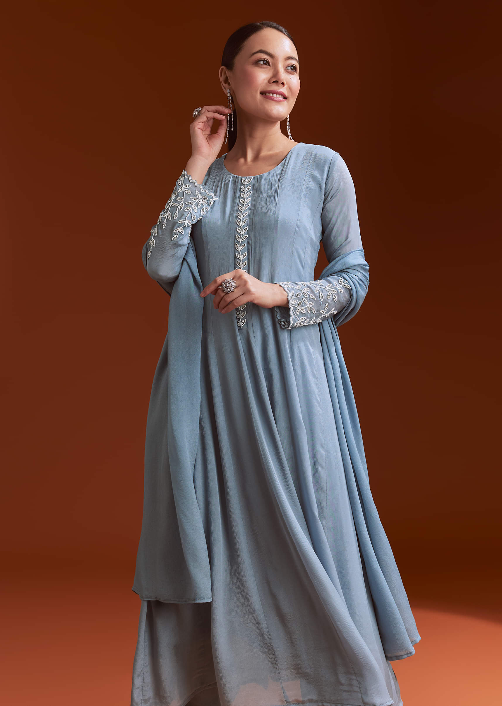 Buy Misty Blue Chinon Anarkali Suit With Moti And Stone Work | KALKI ...