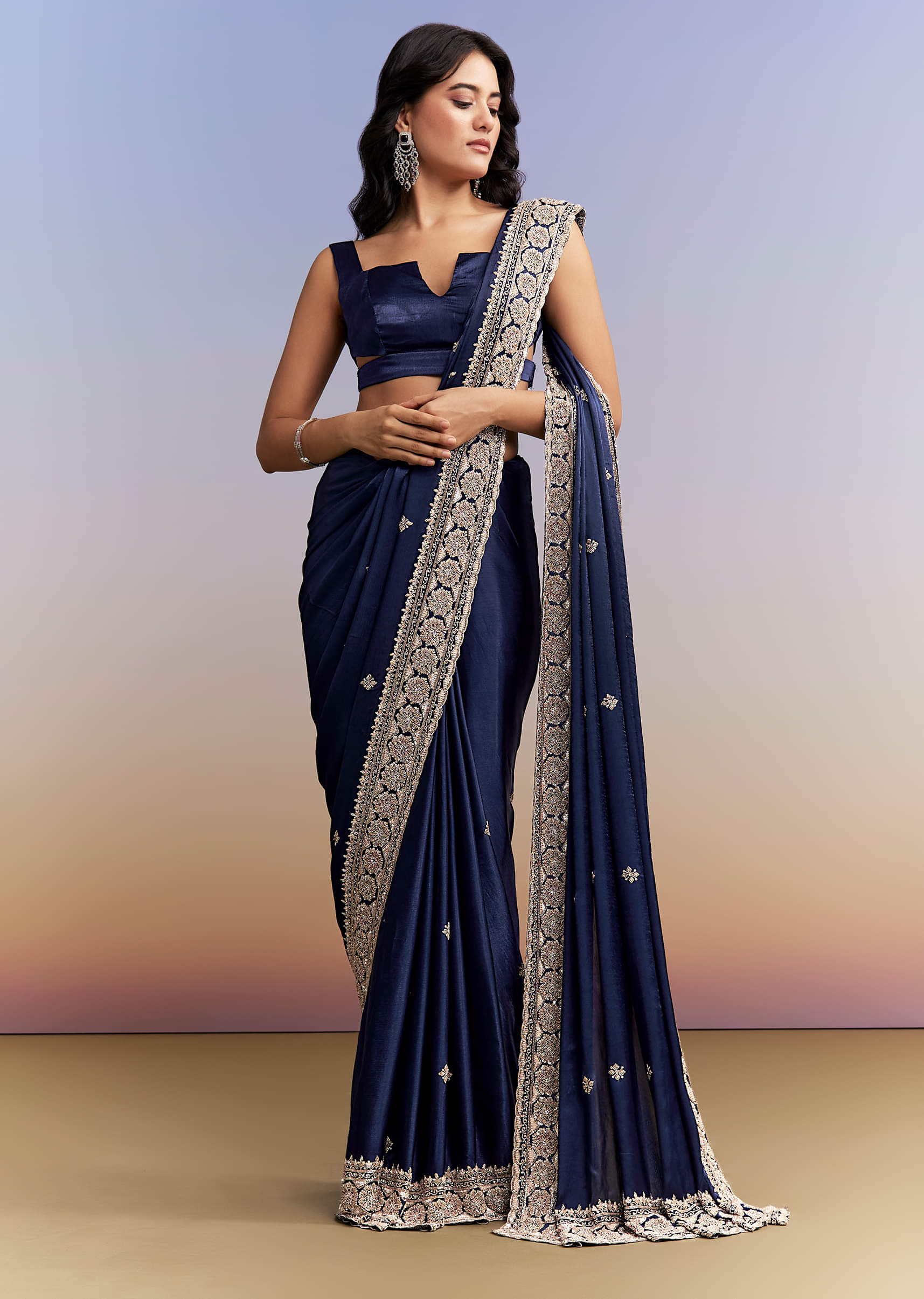 Buy Navy Blue Satin Chinon Saree With Heavy Hand Embroidery | KALKI ...