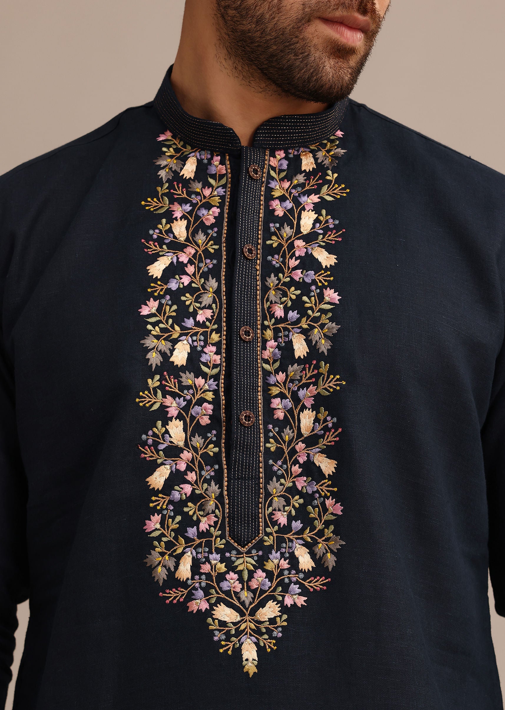 Navy Blue Floral Resham Handwork Kurta Set In Linen | KALKI FASHION UK
