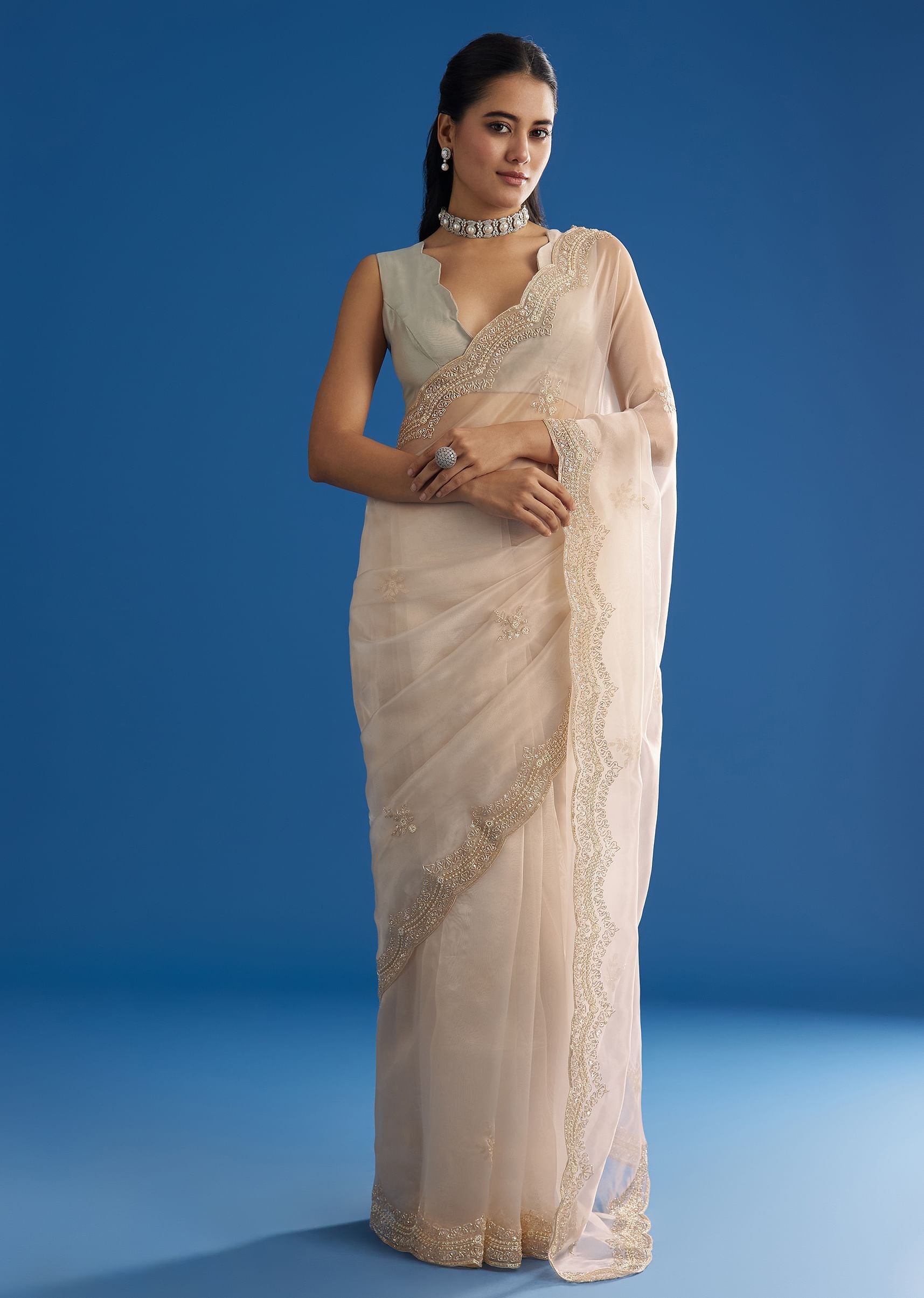 Buy Off White Glass Tissue Saree With Embroidered Scallop Border ...