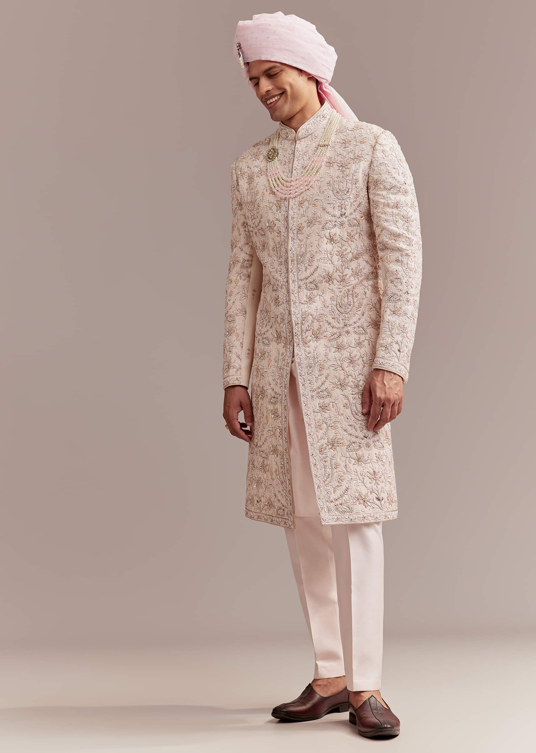 Buy Pastel Pink Silk Sherwani For Groom With Intricate Embroidery ...