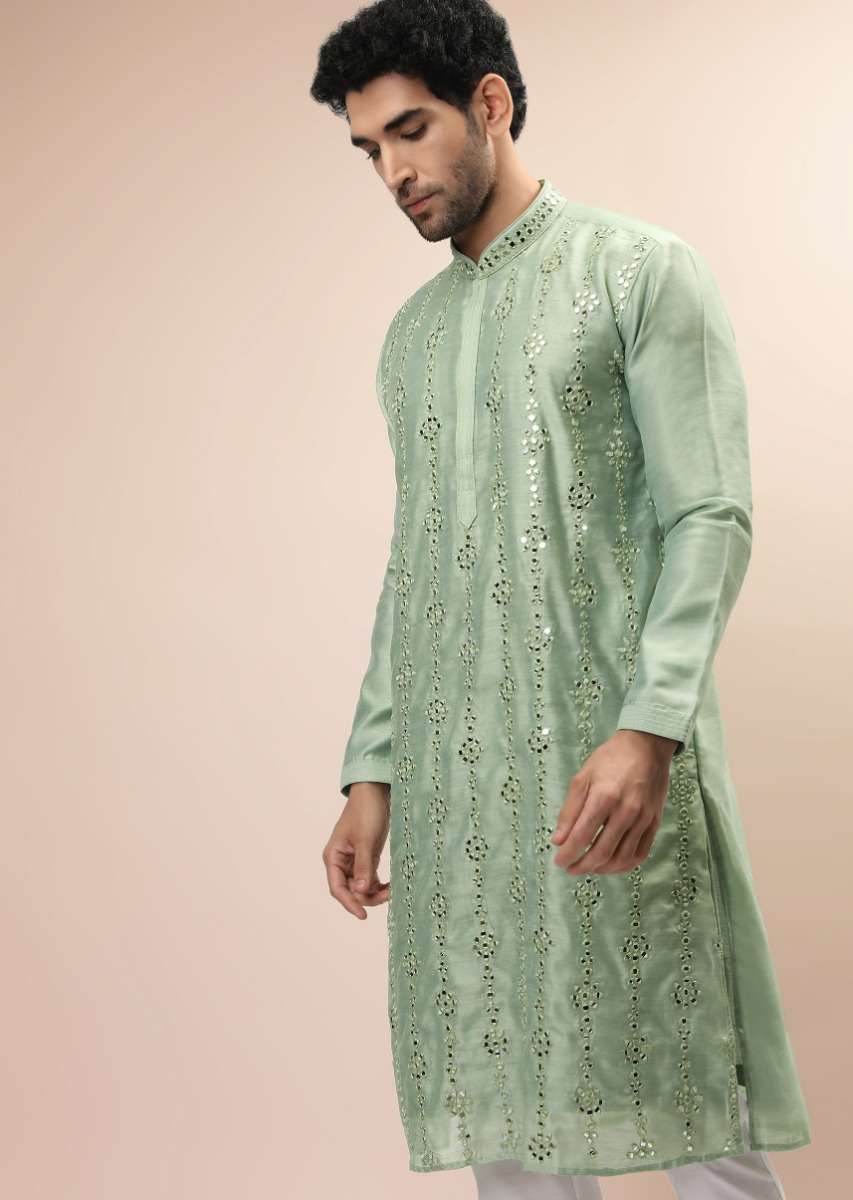 Buy Pastel Green Kurta Set In Raw Silk With Resham And Mirror ...