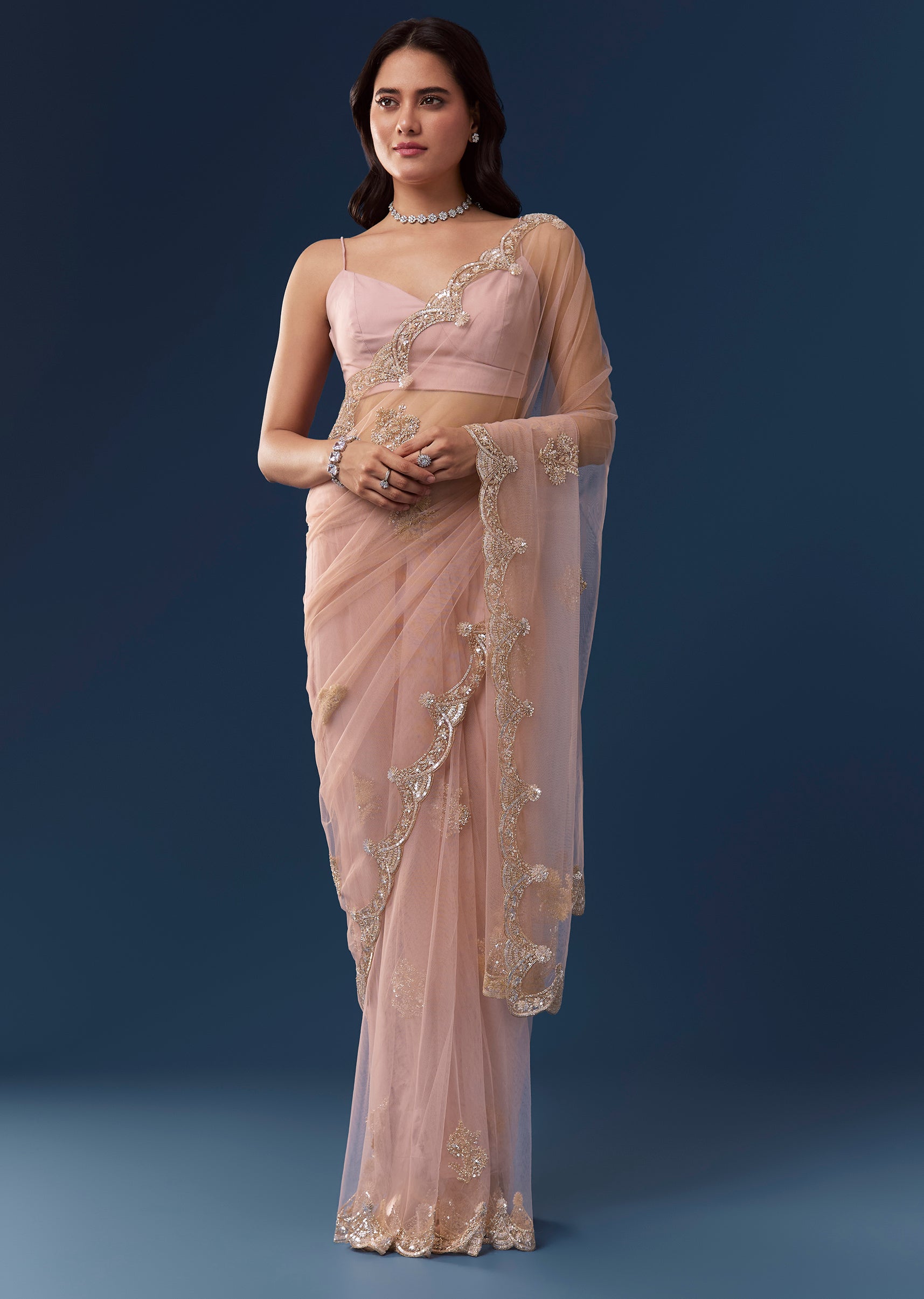 Buy Peach Net Saree With Deep Scallop Border And Butti Embroidery ...