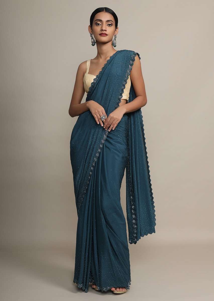 Buy Peacock Blue Saree In Satin Chiffon With Kundan And Cut Dana Border ...