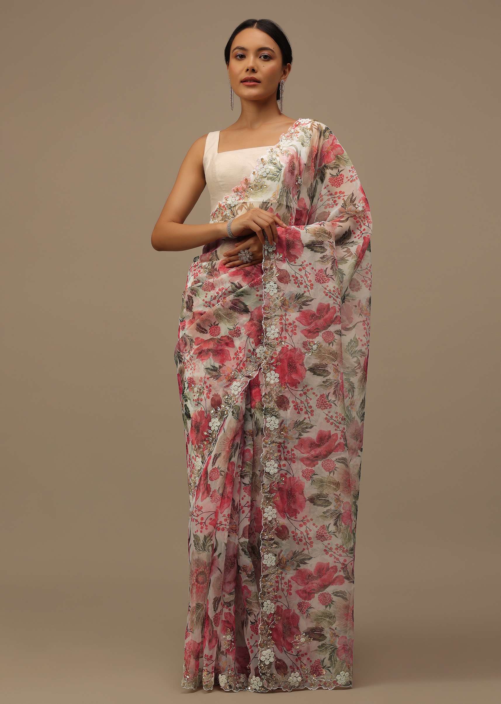 Buy Pearl White Embroidered Organza Saree With Floral Print And Scallop ...