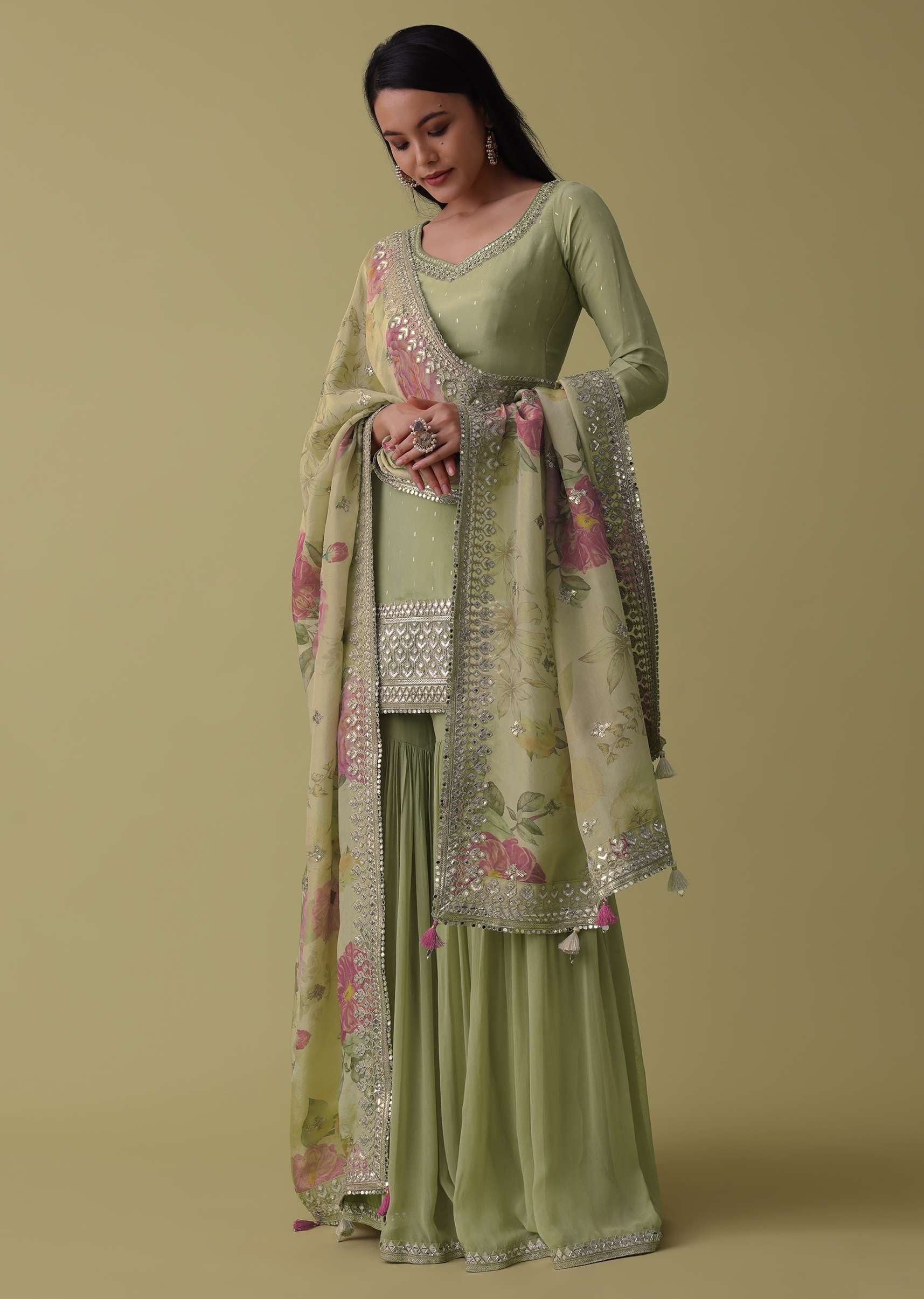 Buy Pista Green Silk Sharara Suit set with Embroidery | KALKI FASHION UK