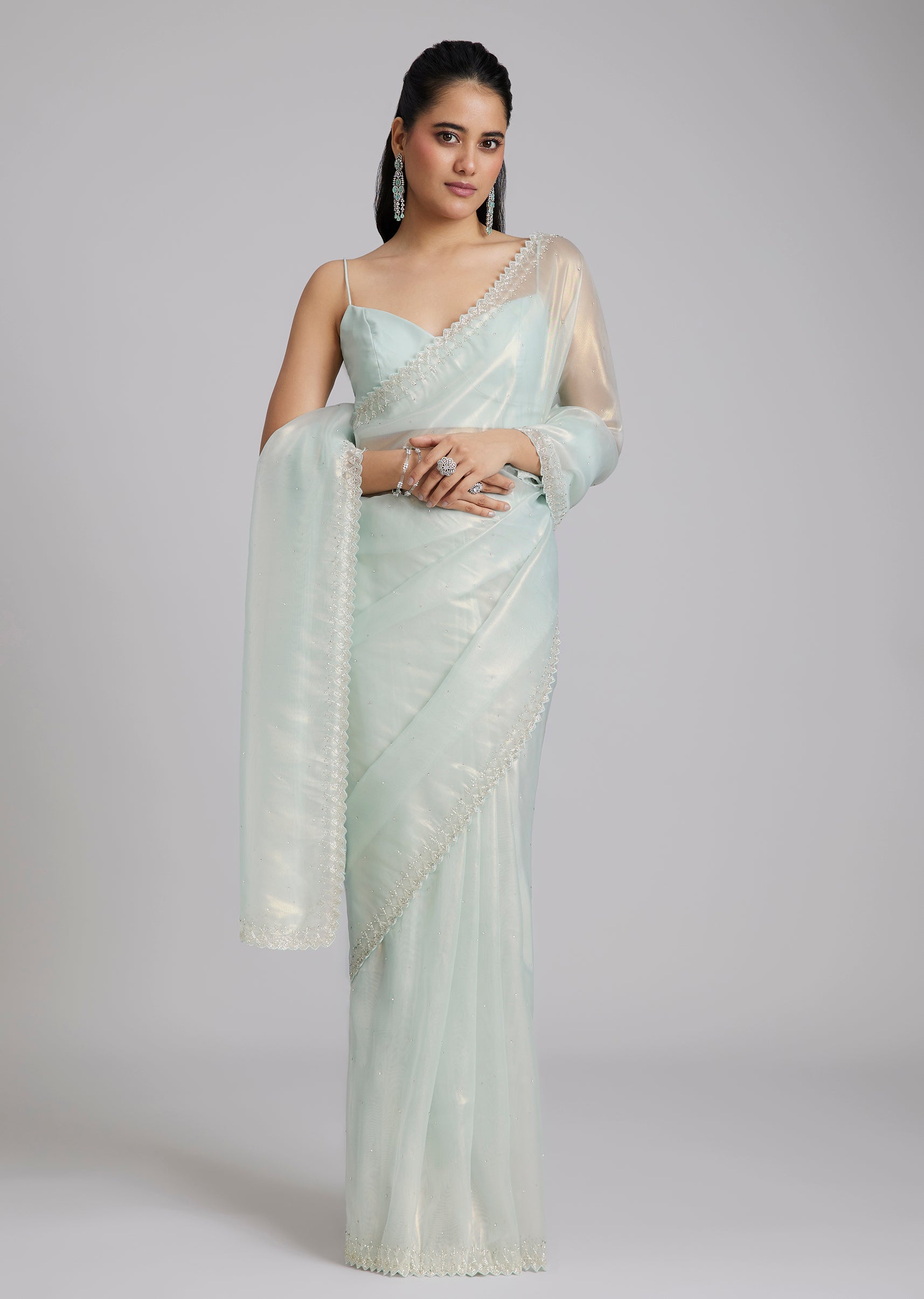 Buy Powder Blue Tissue Saree With Stones And Zigzag Border | KALKI ...