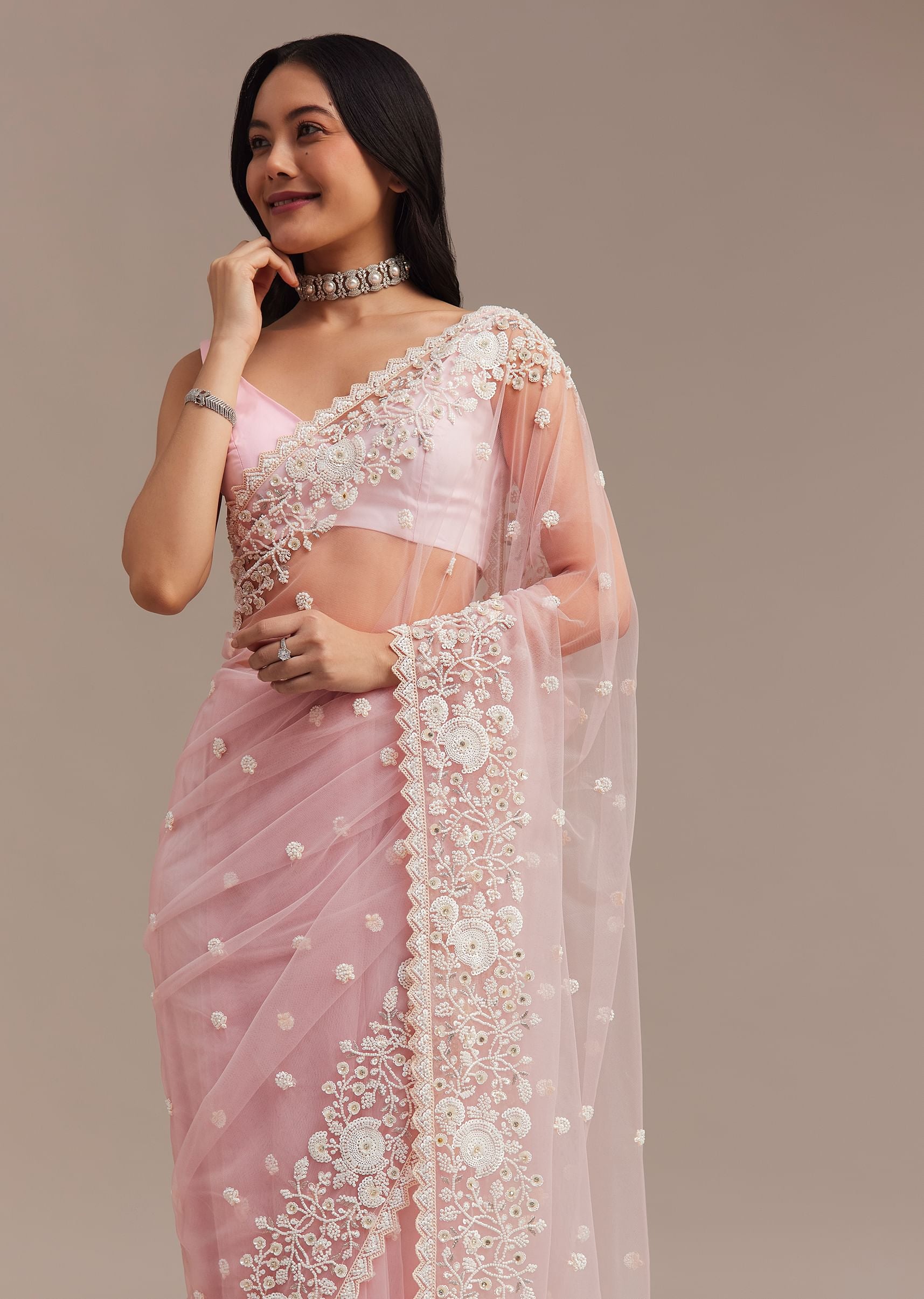 Powder Pink Net Saree Embroidered With Beads And Sequins | KALKI FASHION UK