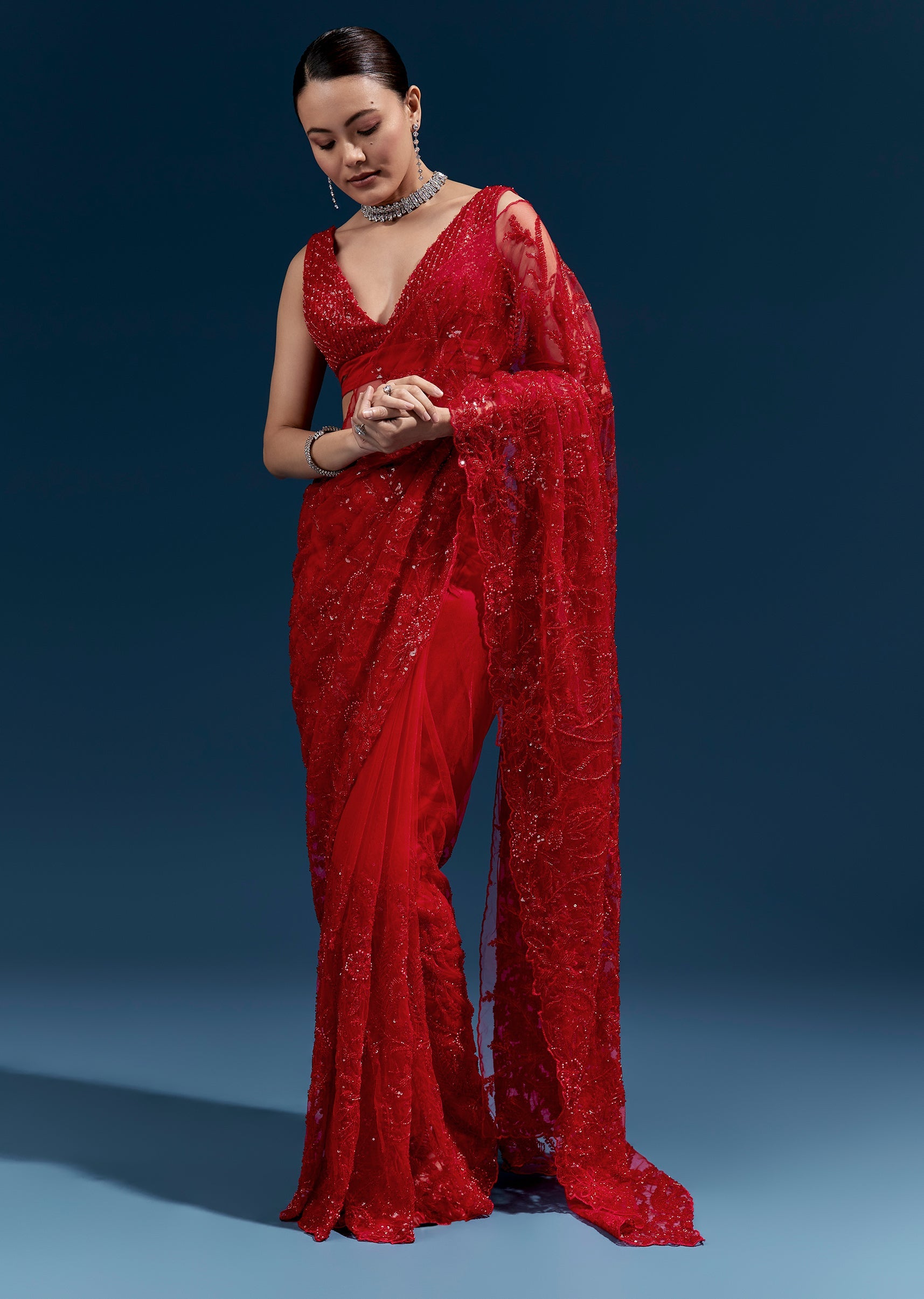 Buy Red Heavy Embroidered Net Saree With Cutwork Border And All Over ...