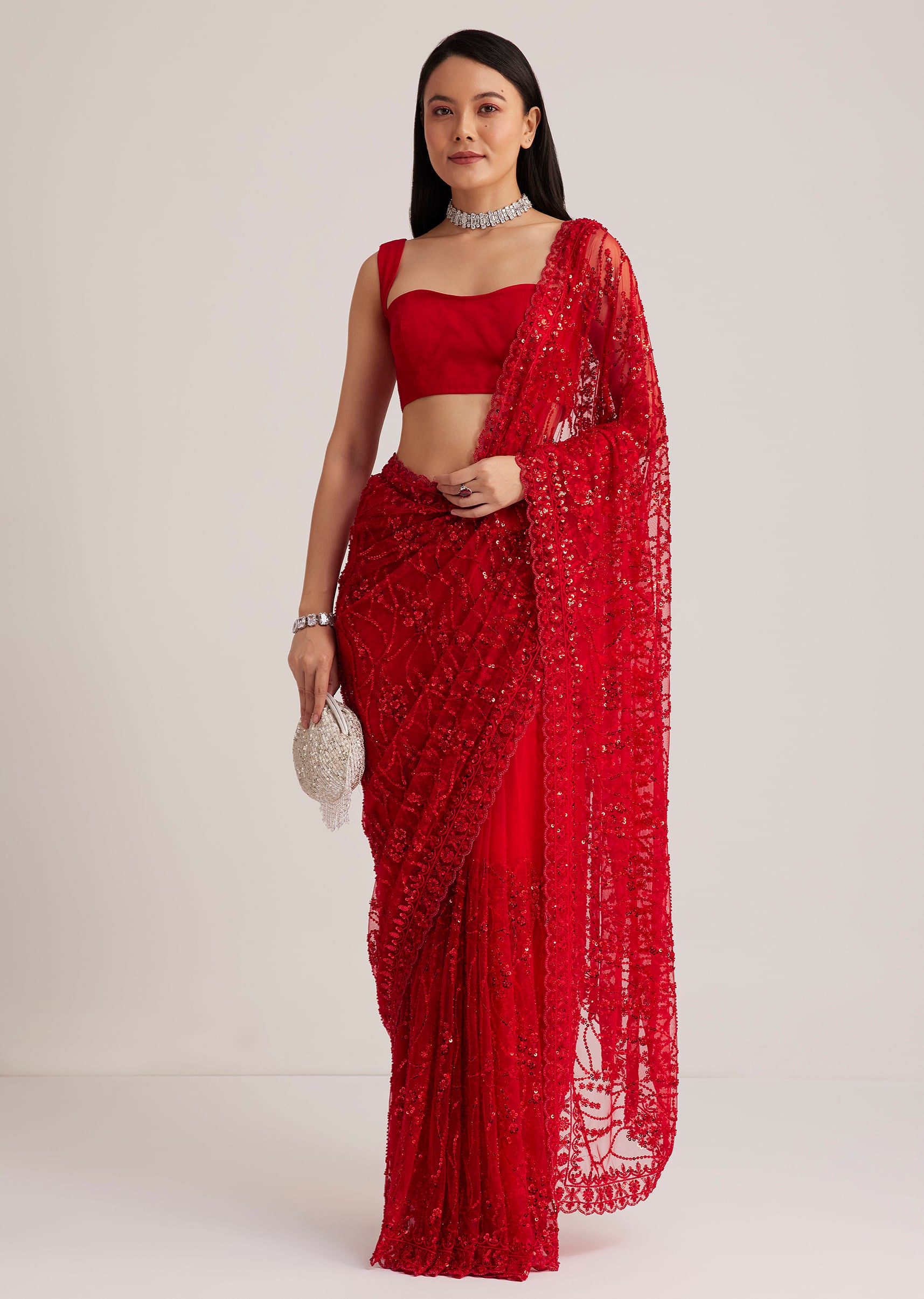 Red Net Saree With Sequins And Stone Detailing | KALKI FASHION UK