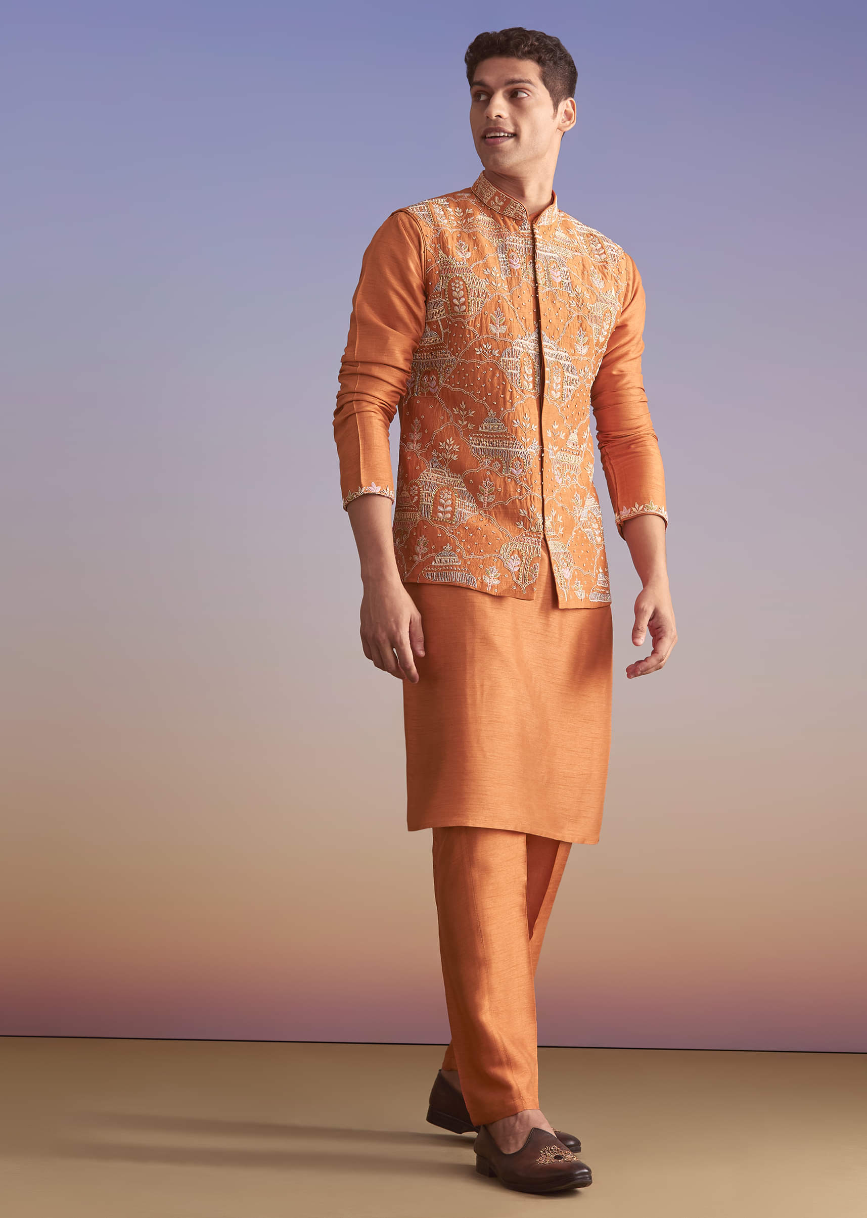 Buy Rust Banarasi Silk Kurta Jacket Set For Men With Embroidery | KALKI ...