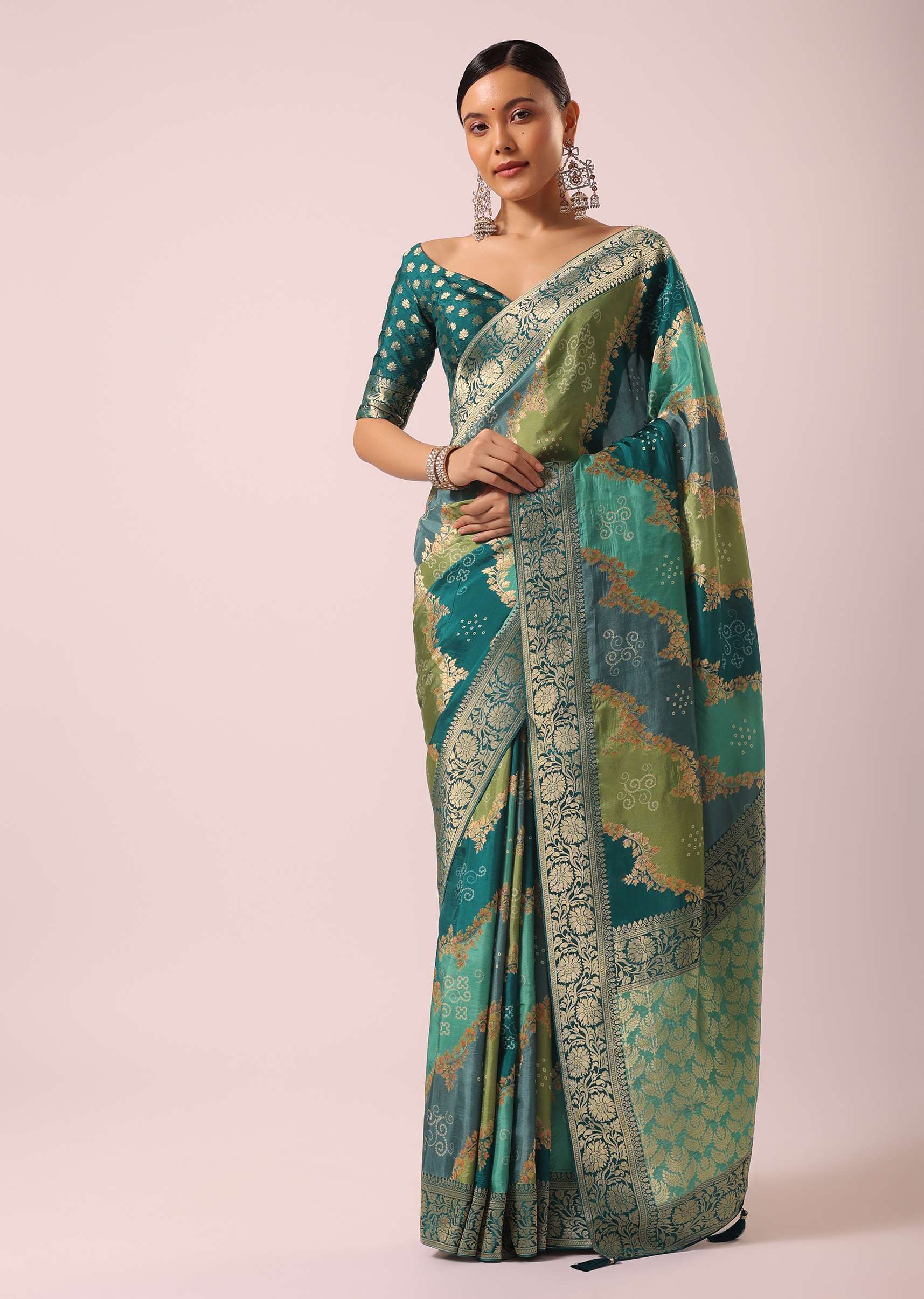 Buy Green Silk Rangkat Saree With Bandhani Detail | KALKI FASHION UK