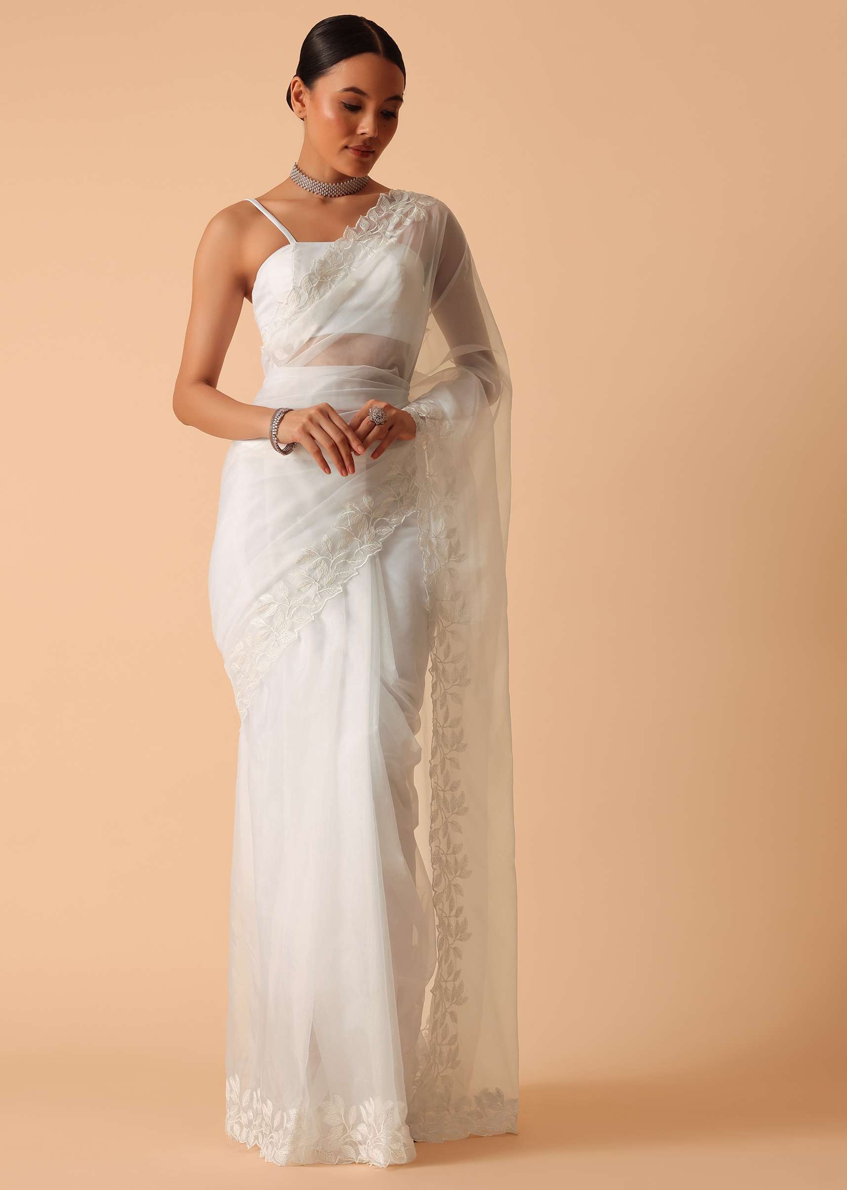 Buy White Saree In Organza With Floral Motif Border And Unstitched ...