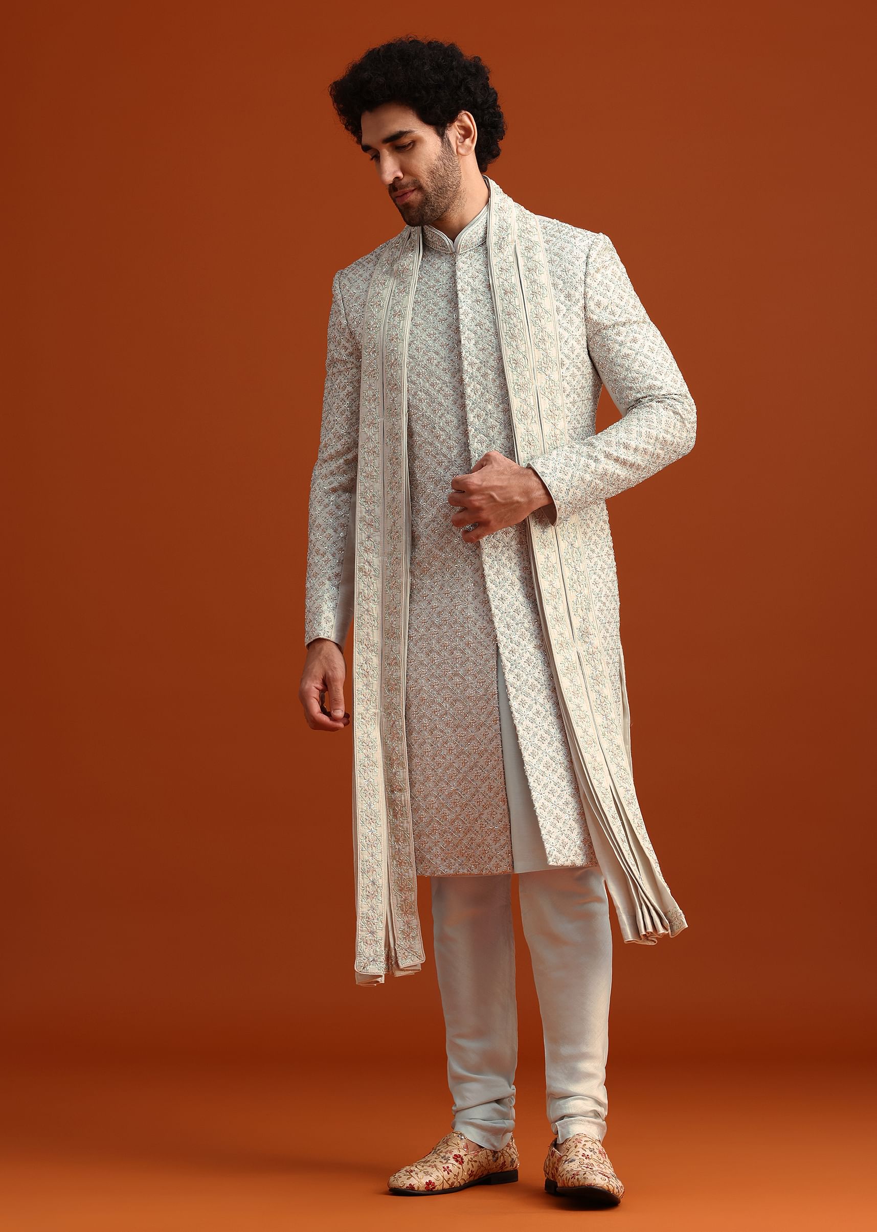 Light Blue Heavy Work Sherwani Set With Dupatta | KALKI FASHION UK