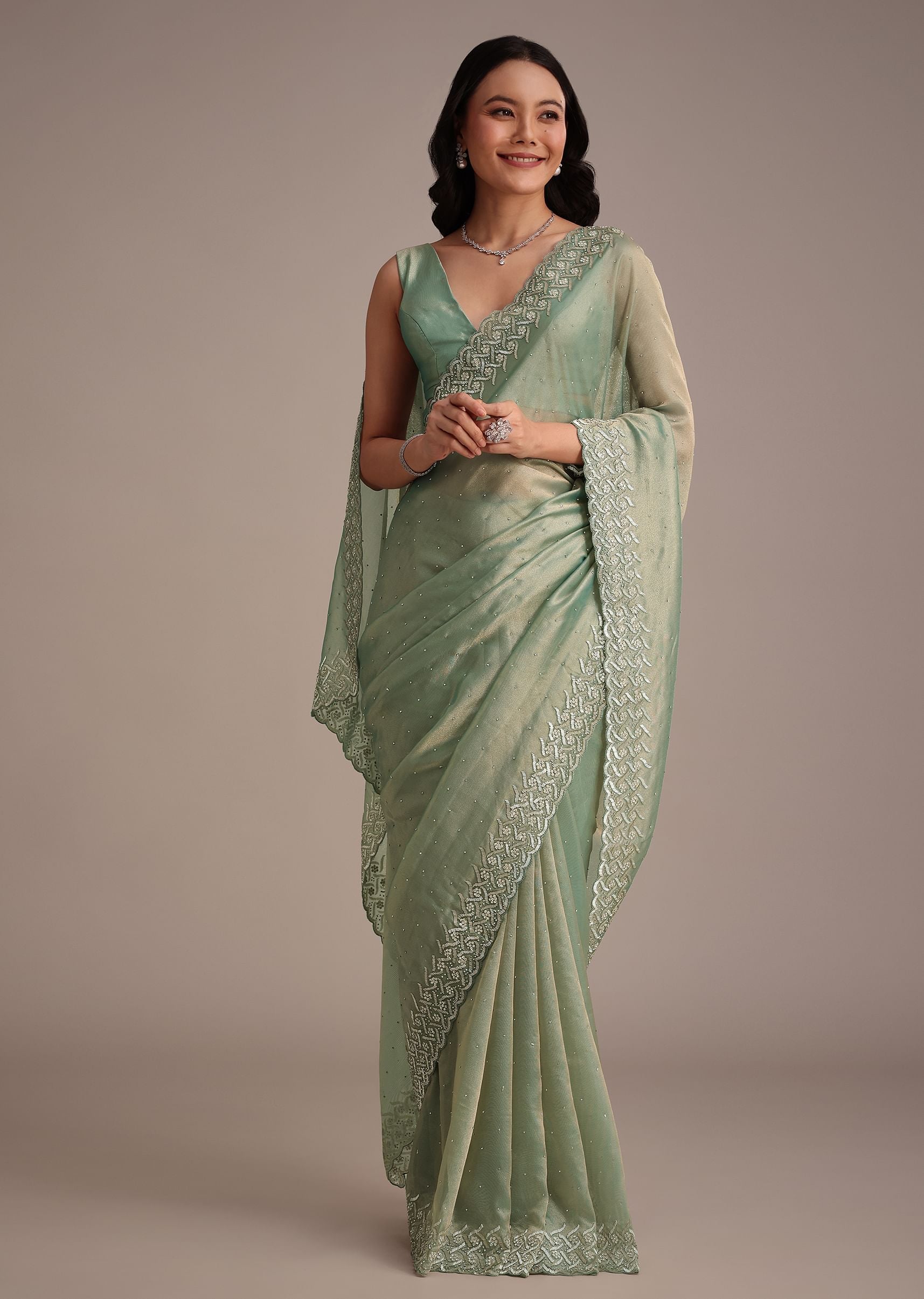 Sea Green Tissue Saree With Cutdana And Stone Embroidery | KALKI FASHION UK