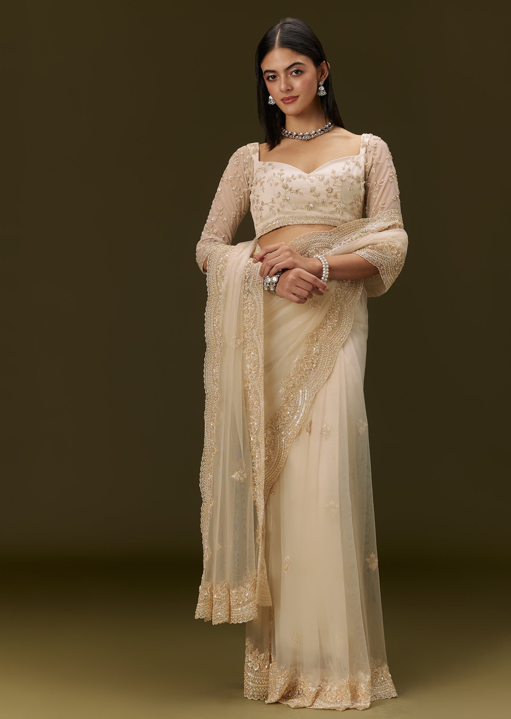 Shop Beige Net Saree With Heavy All Over Embroidery | KALKI Fashion UK ...