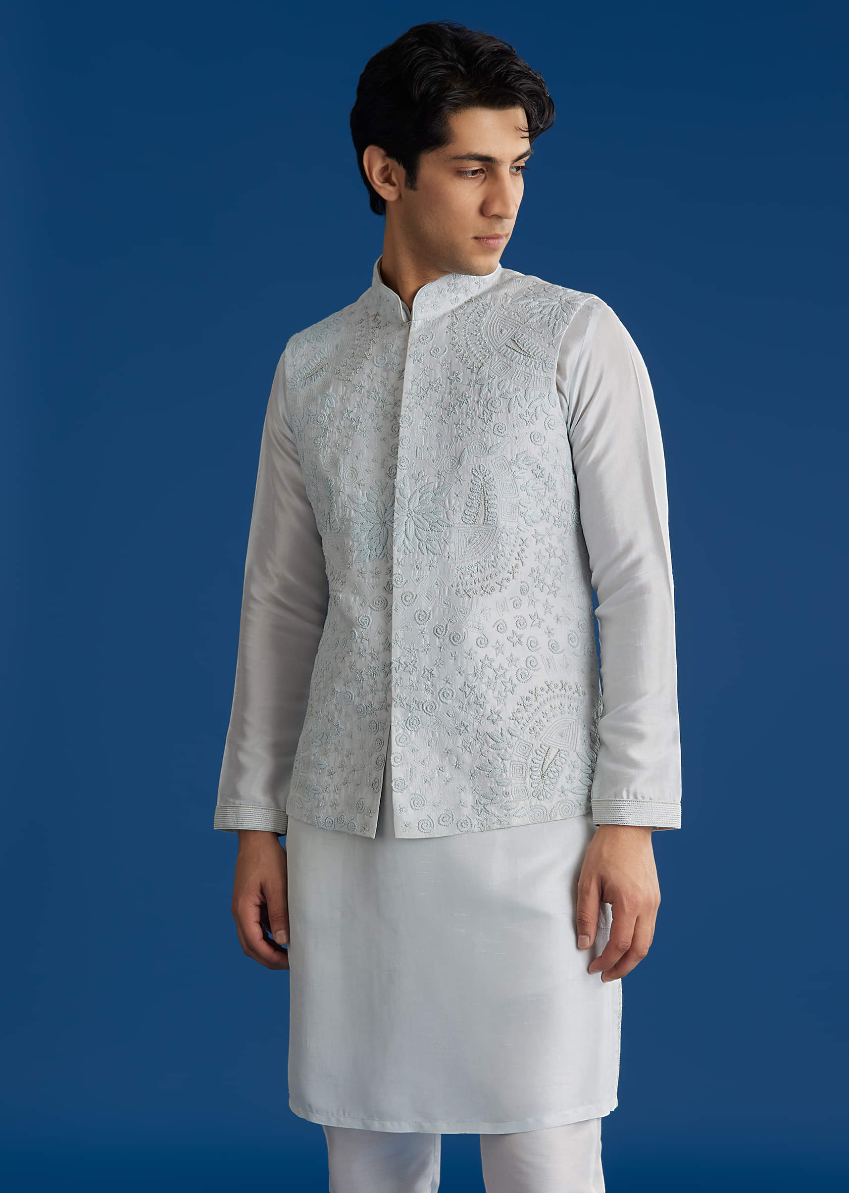 Buy Sky Blue Silk Embroidered Jacket Kurta Set | KALKI FASHION UK
