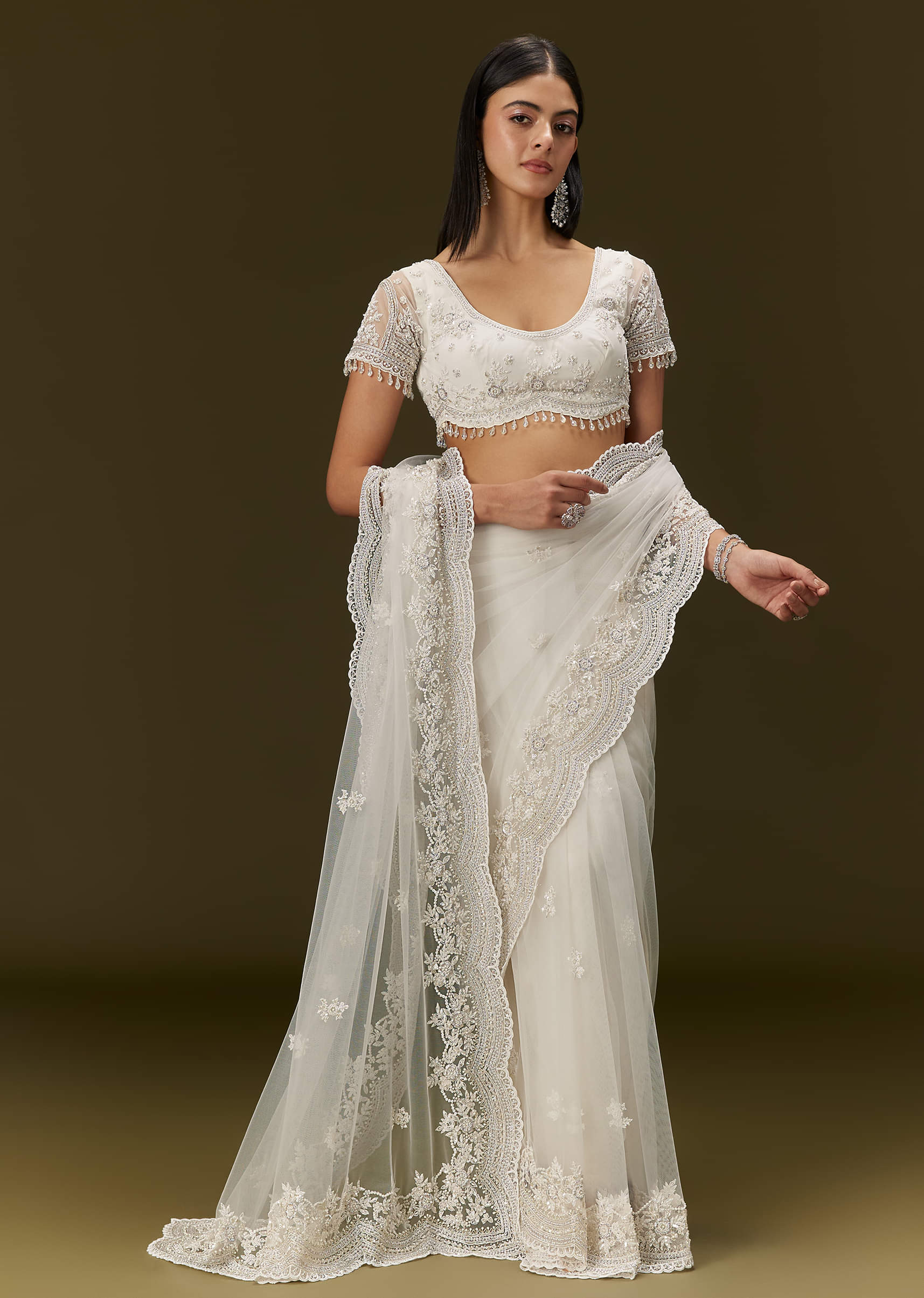 Buy White Net Saree With All Over Embroidery | KALKI FASHION UK