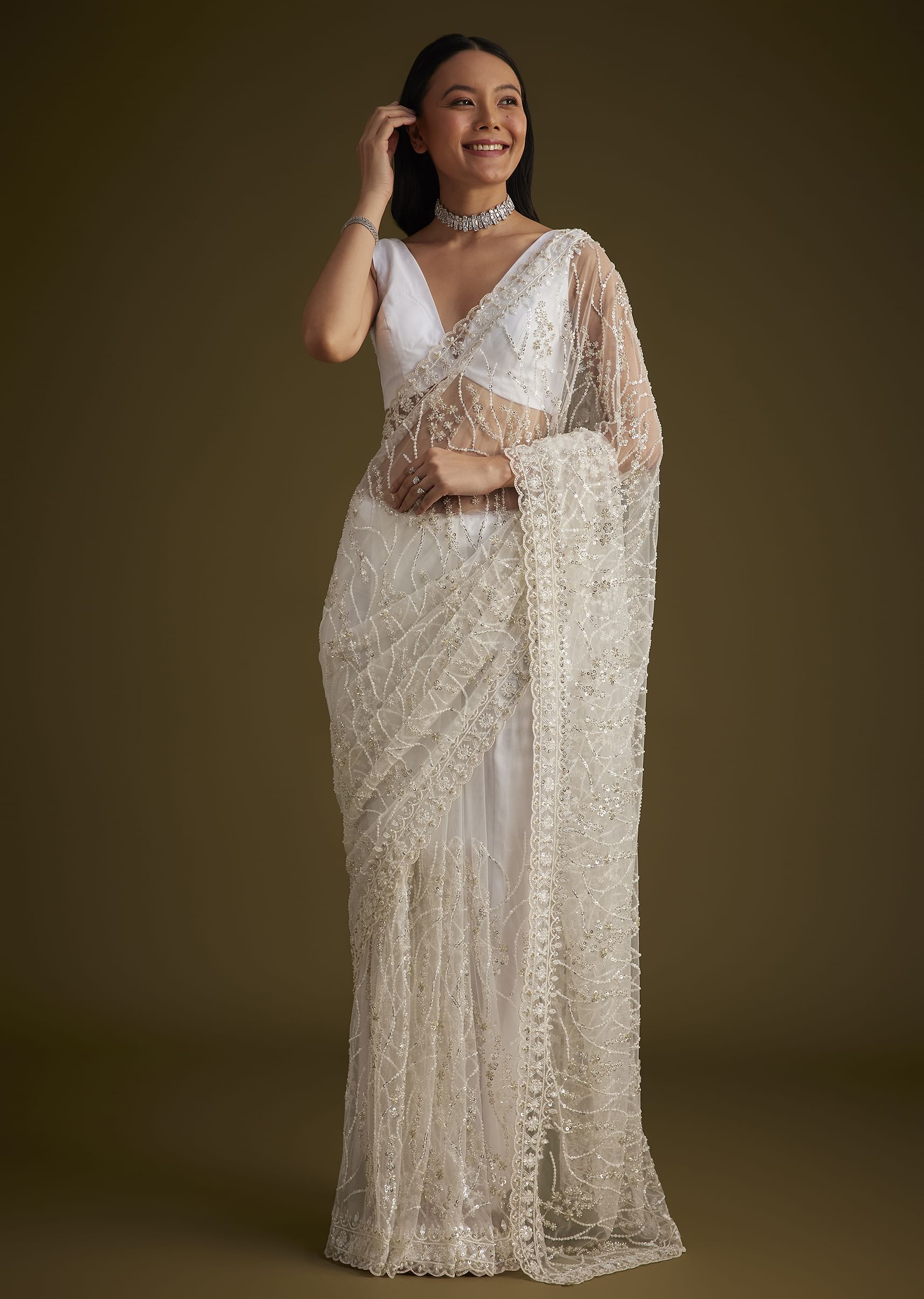 White Net Saree With Sequins And Stones Embroidery | KALKI FASHION UK